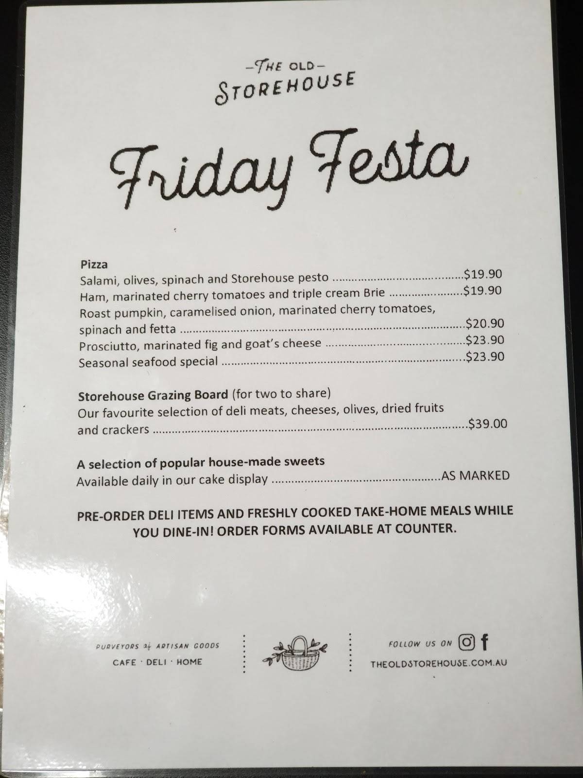 Menu at The Old Storehouse cafe, Dayboro, 30 Williams St