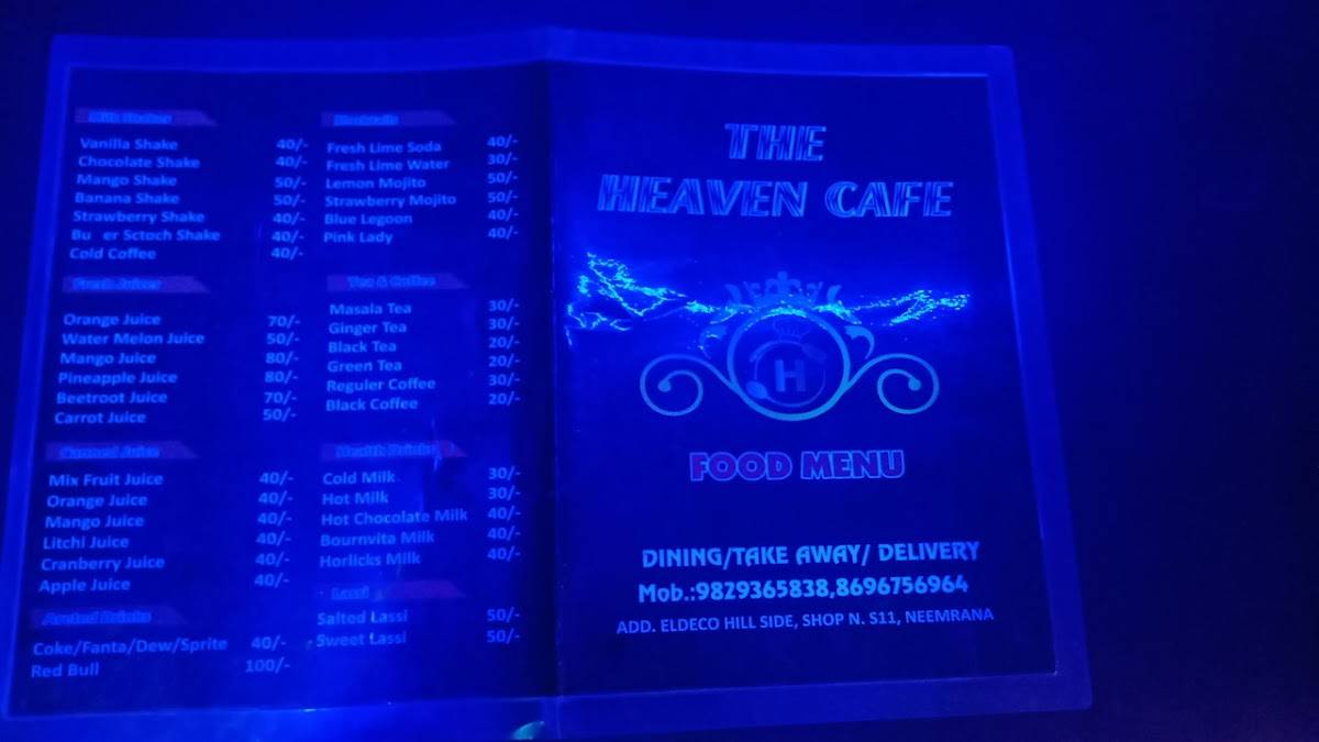 Menu at The heaven cafe, Neemrana