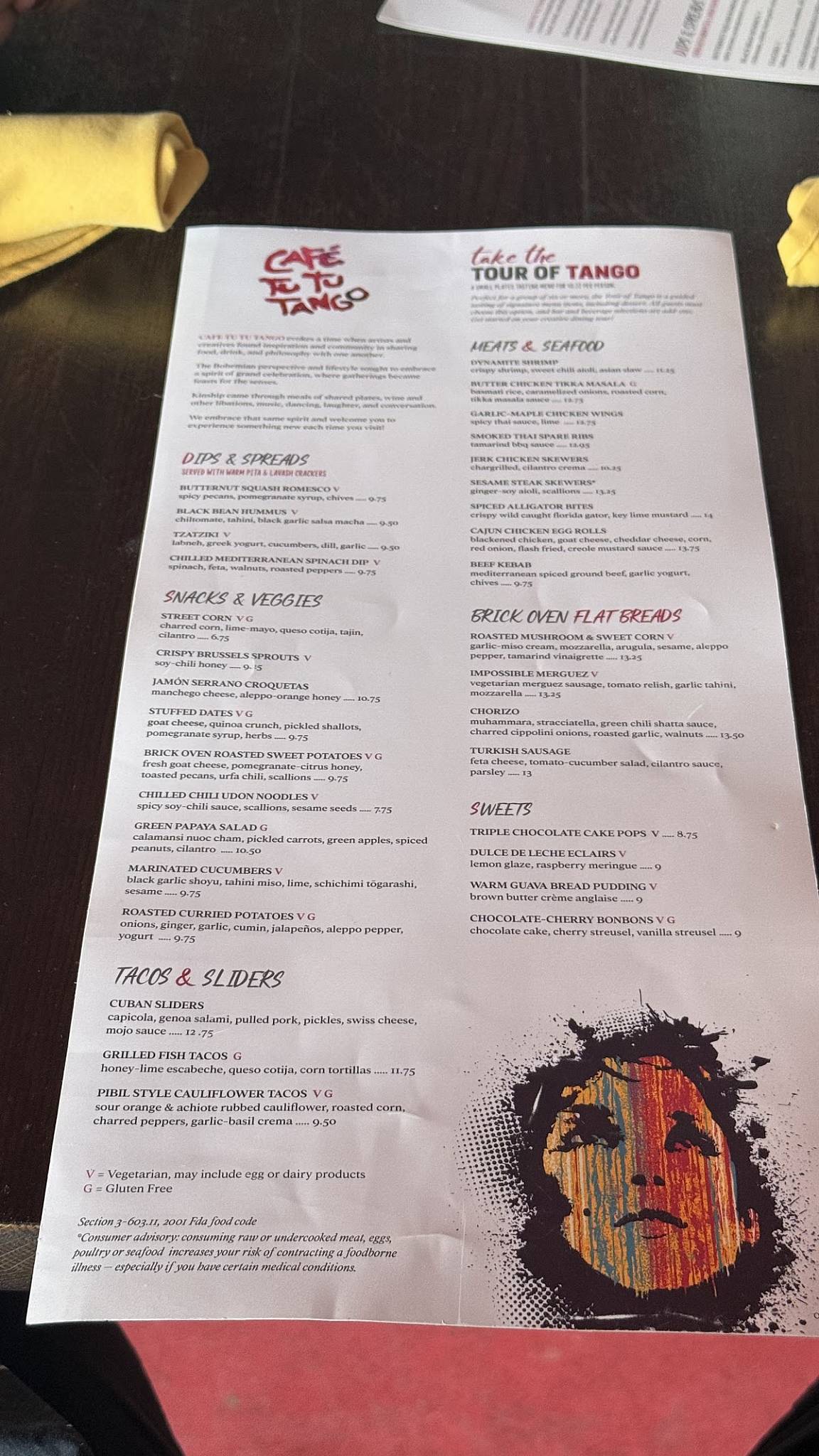 Menu at Café Tu Tu Tango restaurant, Orlando, International Dr
