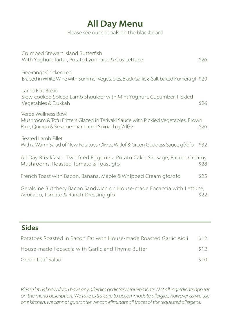 Menu at Cafe Verde, Geraldine