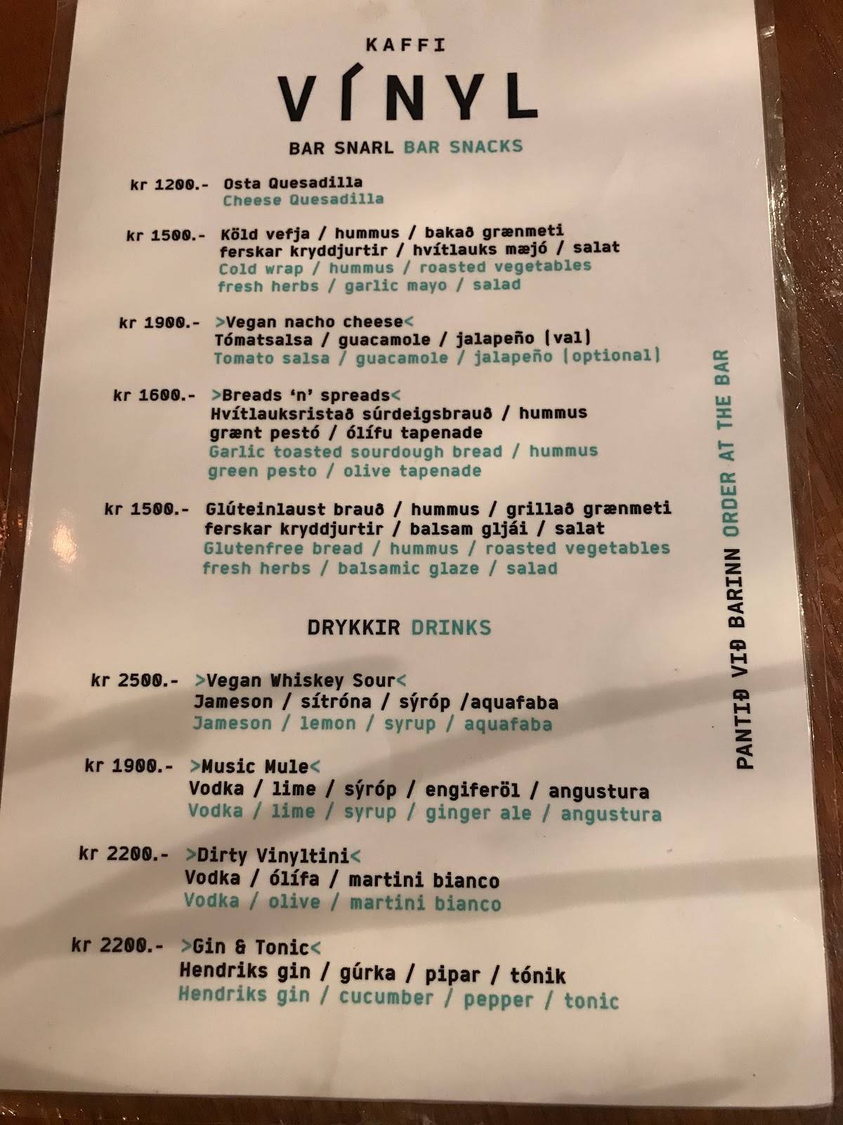 Menu at Vínyl Bistro cafe, Reykjavík