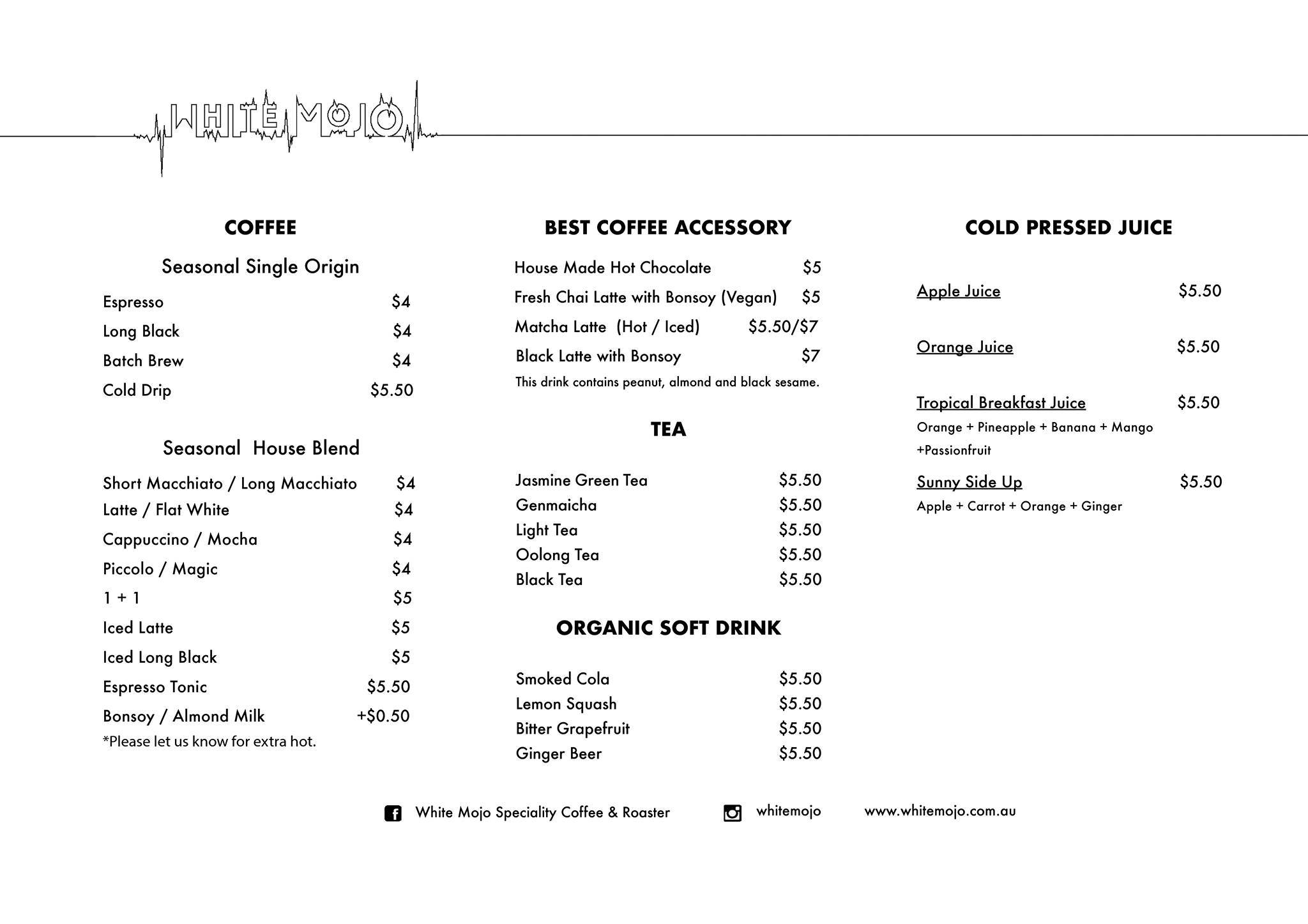 Menu at White Mojo cafe, Melbourne