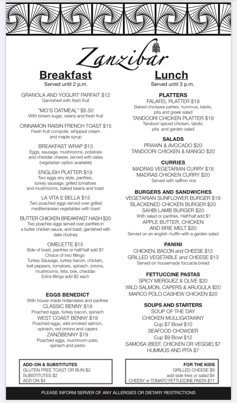 Menu at Cafe Zanzibar, Brentwood Bay