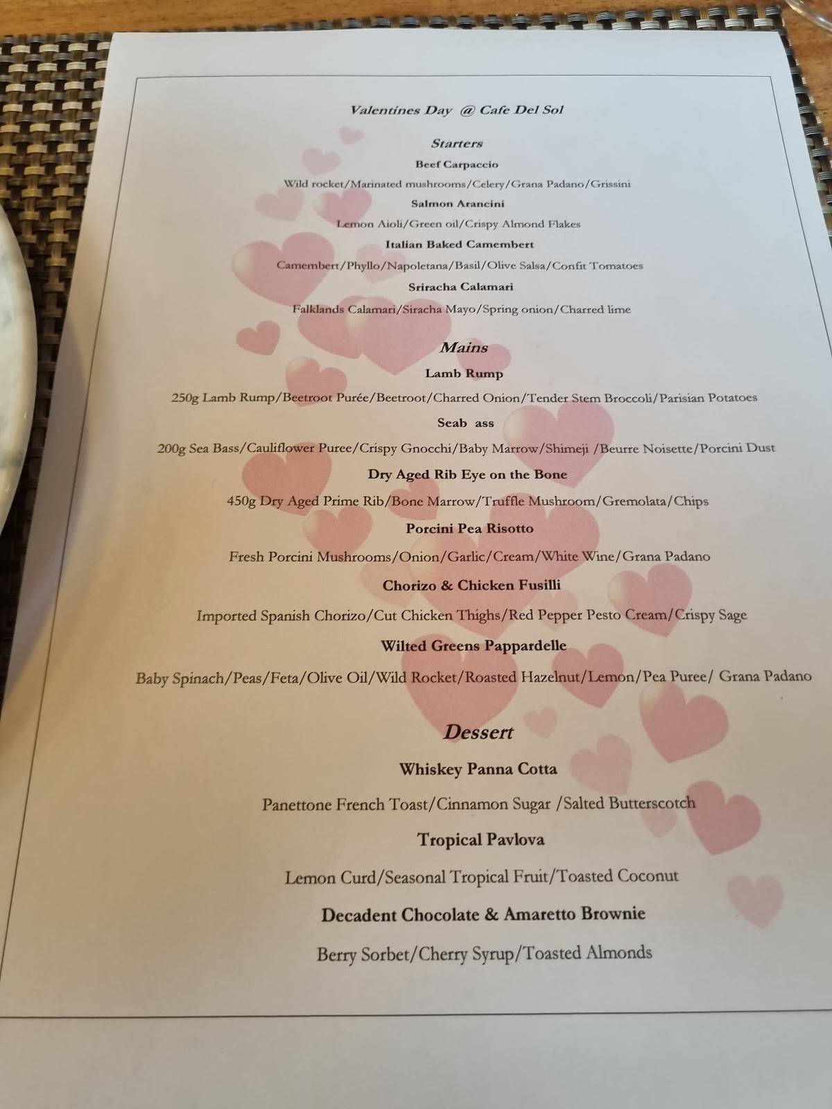 Menu at Café del Sol Botanico restaurant, Sandton