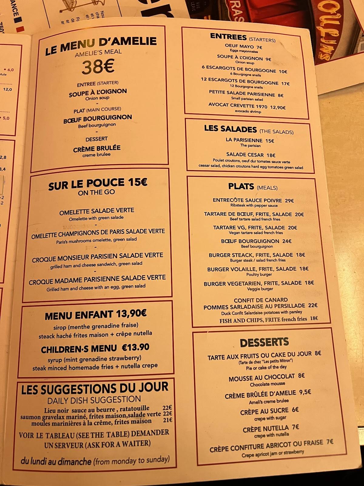 Menu at Café des Deux Moulins, Paris, 15 Rue Lepic