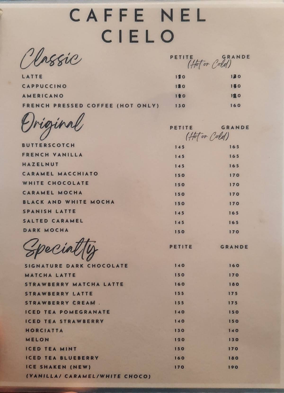 Menu at Caffè nel Cielo cafe, Pulilan
