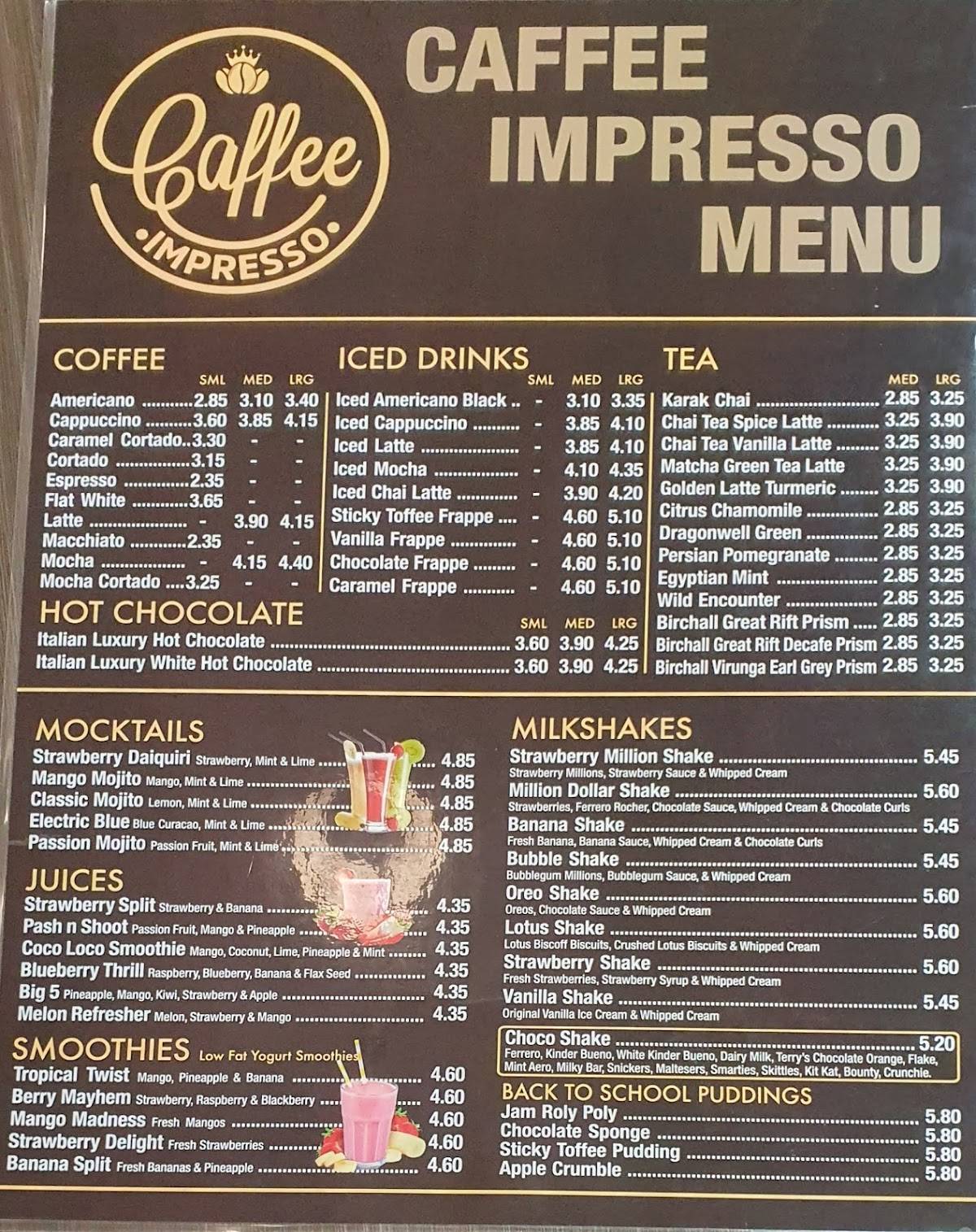 Menu at Caffee Impresso restaurant, Blackburn