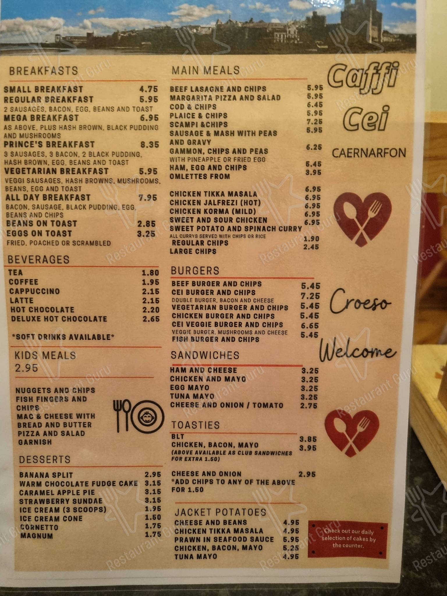 Menu at Caffi Cei cafe, Caernarfon, 31 Bridge St
