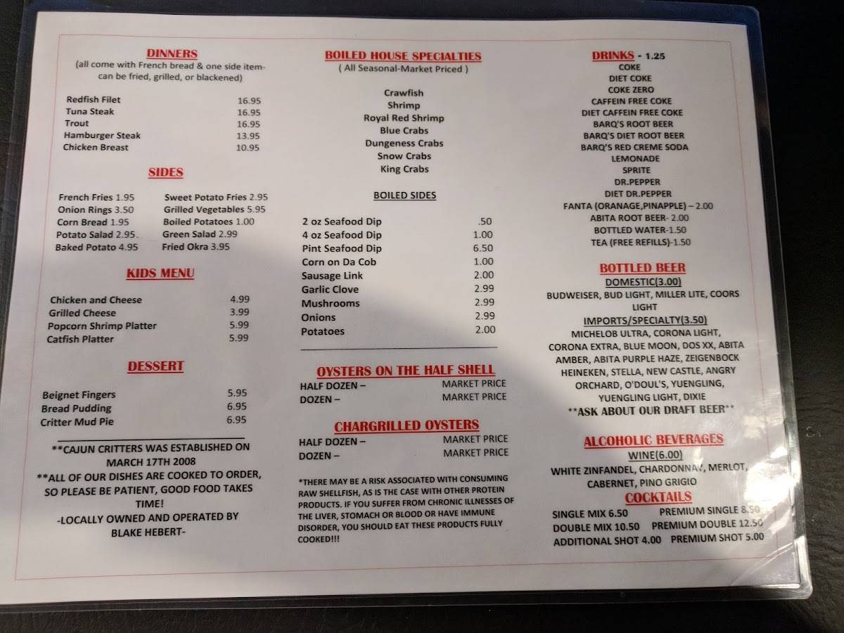 Menu at Cajun Critters restaurant, Houma, Alma St