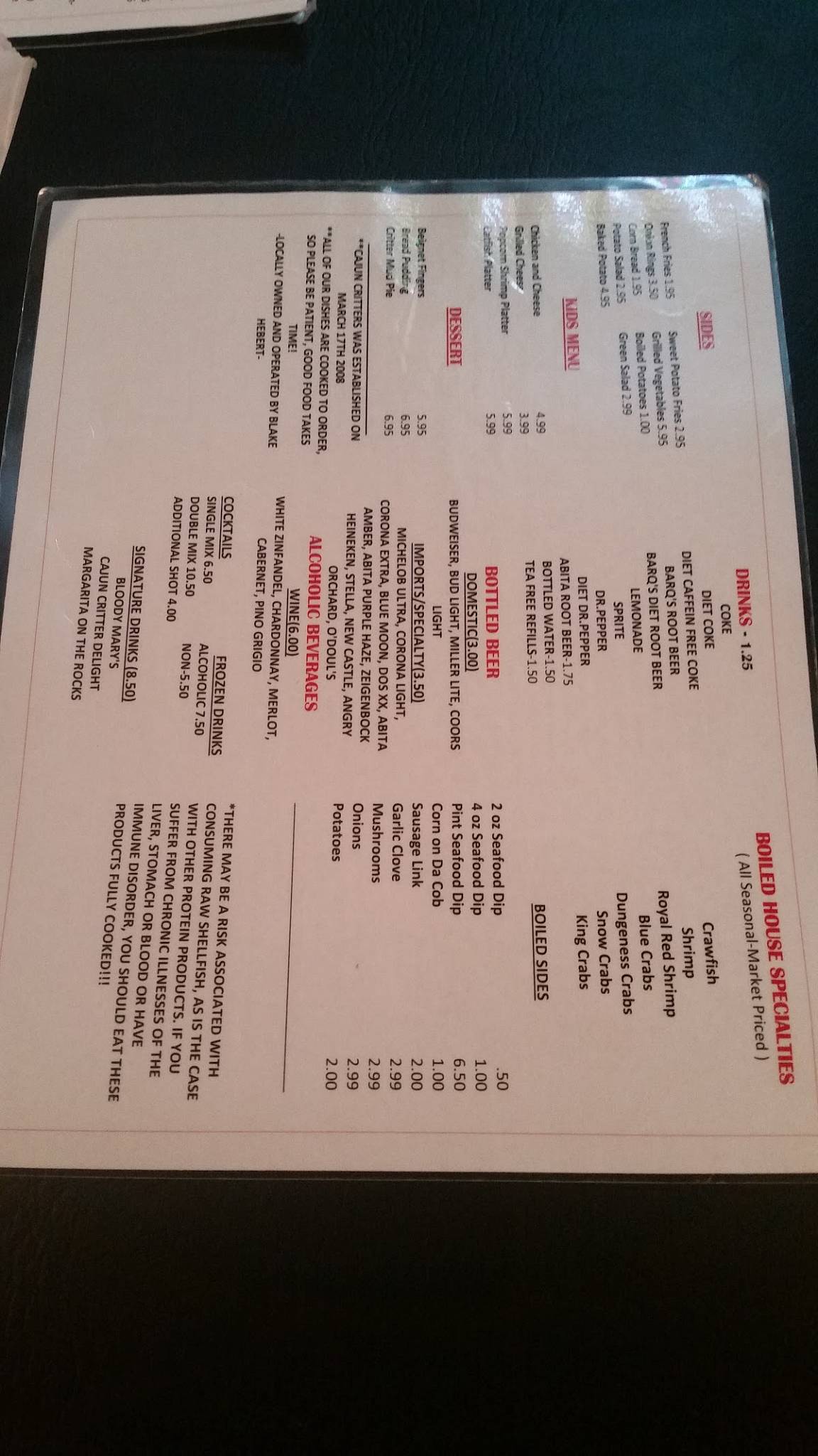 Menu at Cajun Critters restaurant, Houma, Alma St