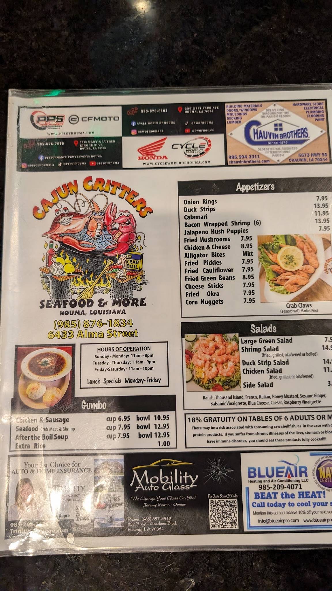 Menu at Cajun Critters restaurant, Houma, Alma St