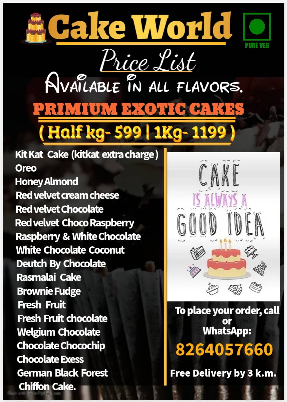 Menu at Cake world, Guwahati, gate no.8