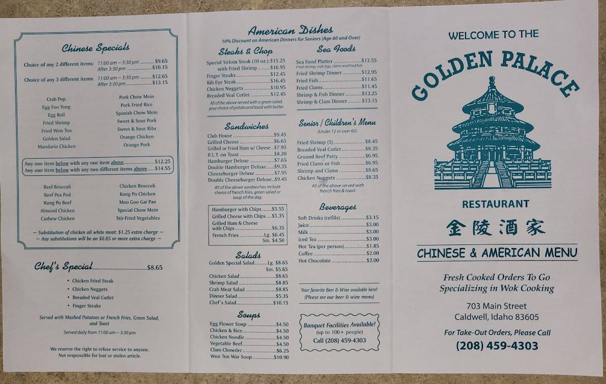 Menu at Golden Palace Restaurant, Caldwell