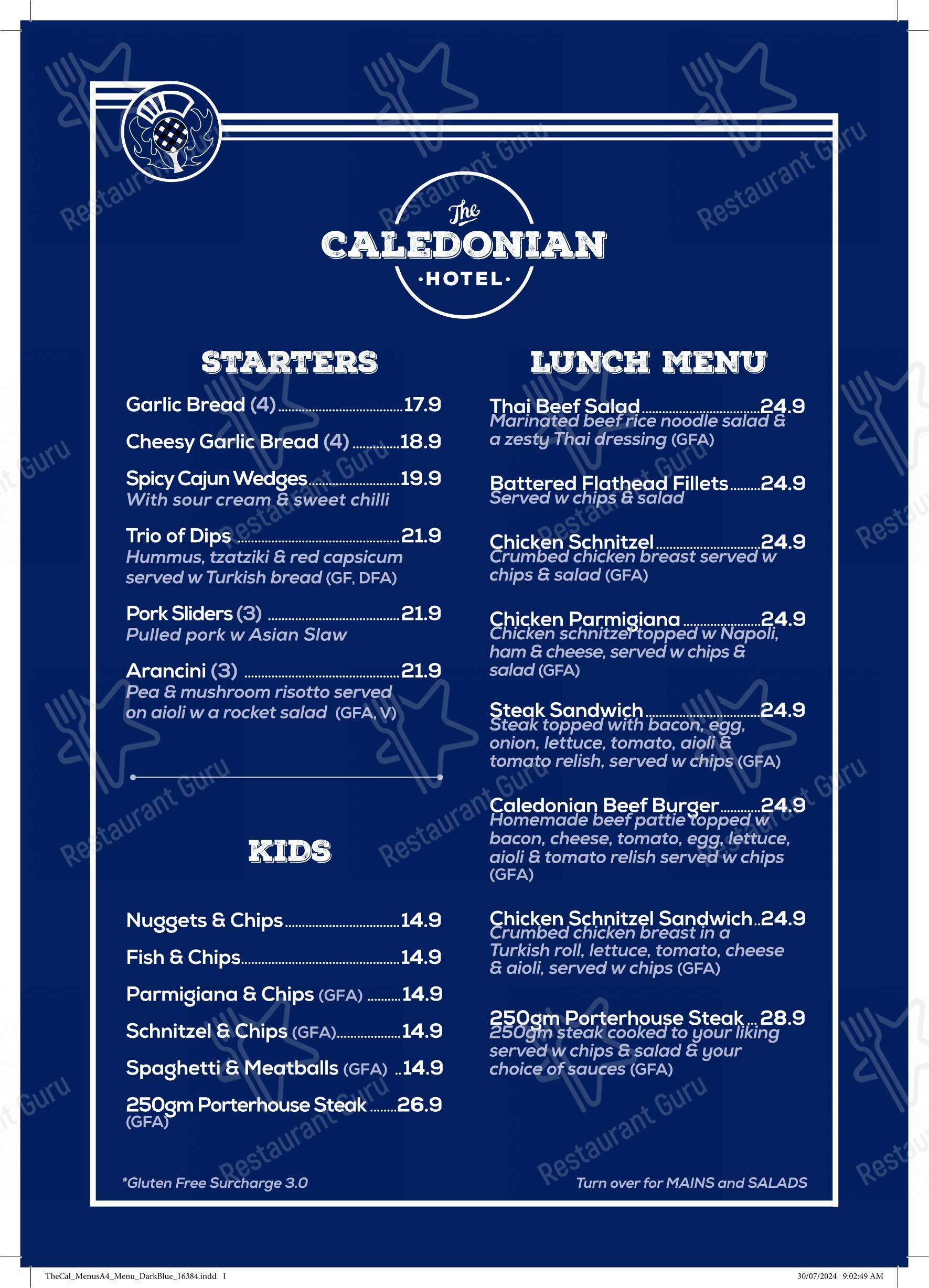 Menu at Caledonian Hotel pub & bar, Echuca