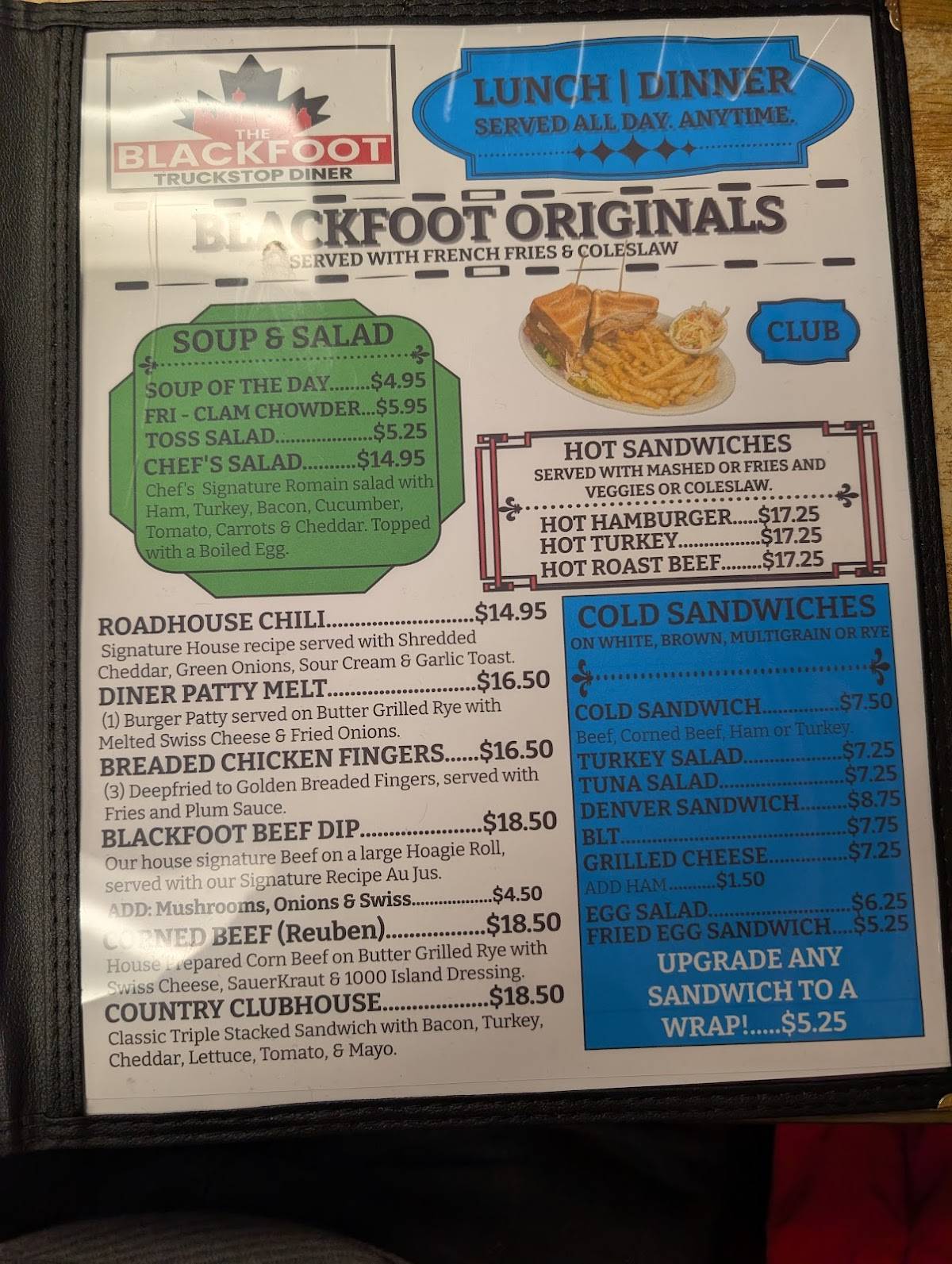 Menu at Blackfoot Truckstop Diner restaurant, Calgary