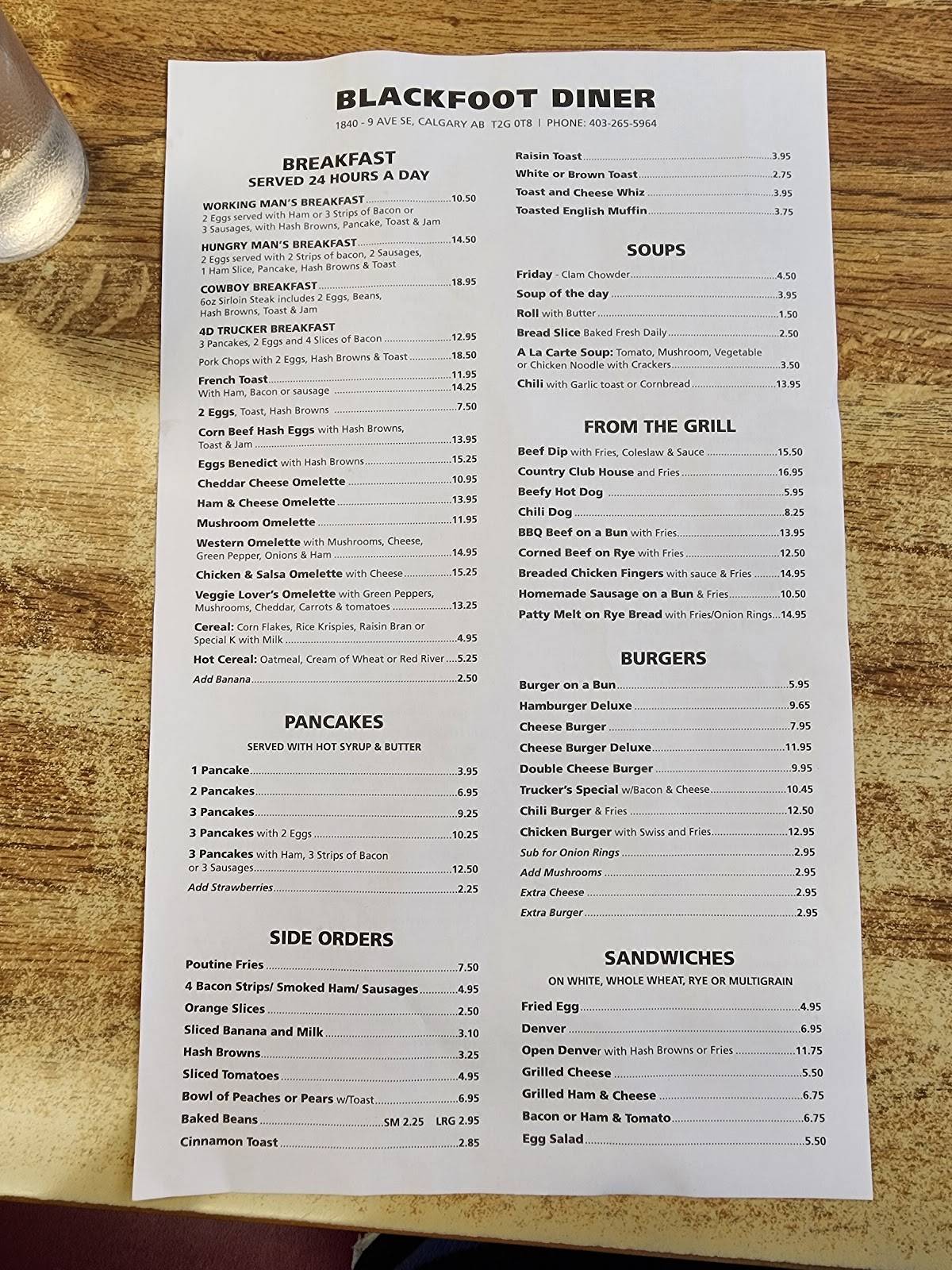 Menu at Blackfoot Truckstop Diner restaurant, Calgary
