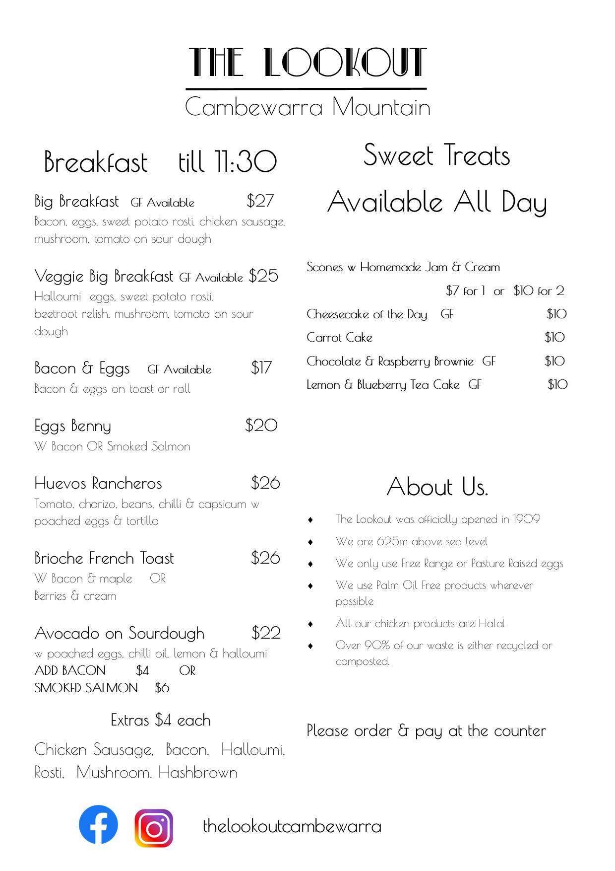 Menu at Cambewarra Mountain Lookout restaurant, Beaumont