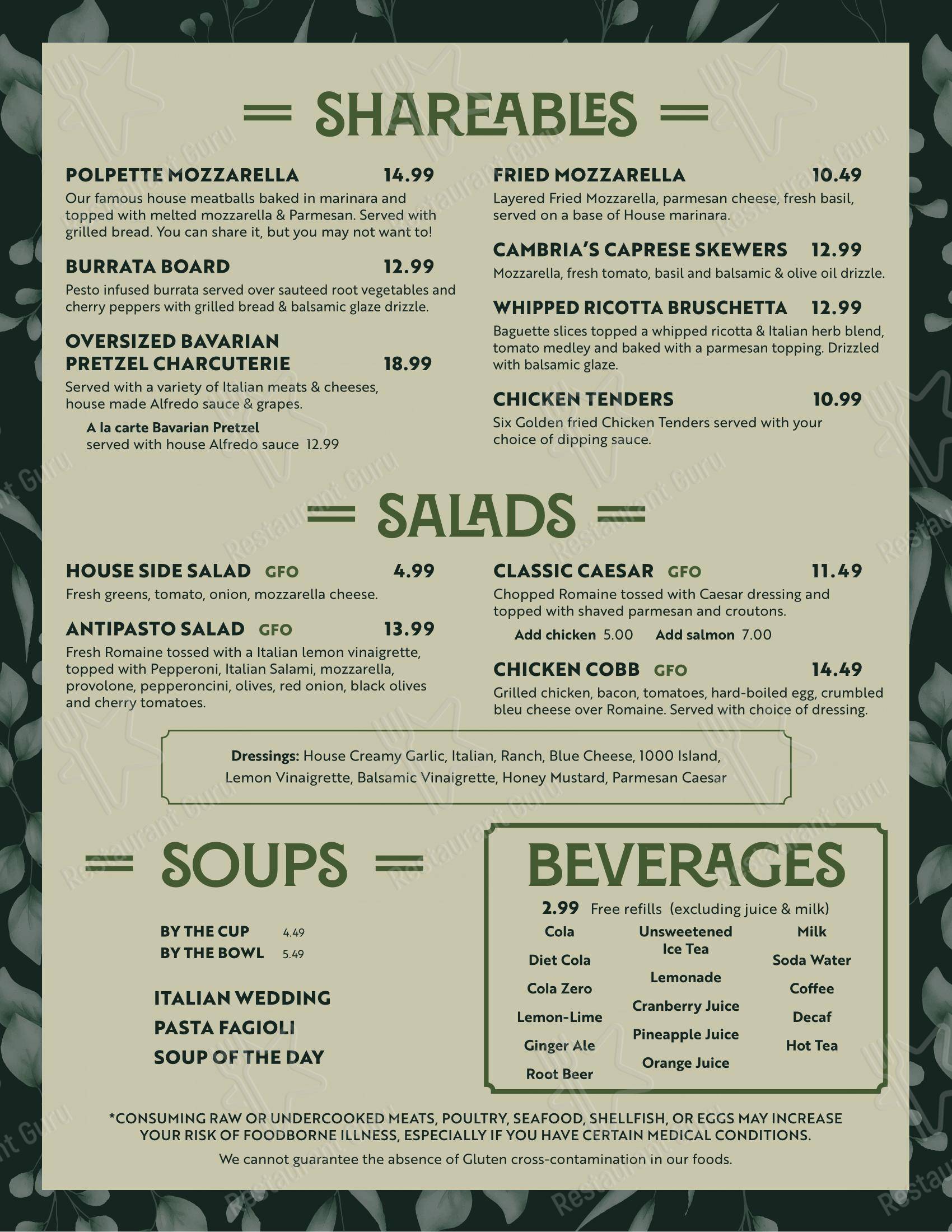 Menu at Cambria's Bistro restaurant, Wadsworth