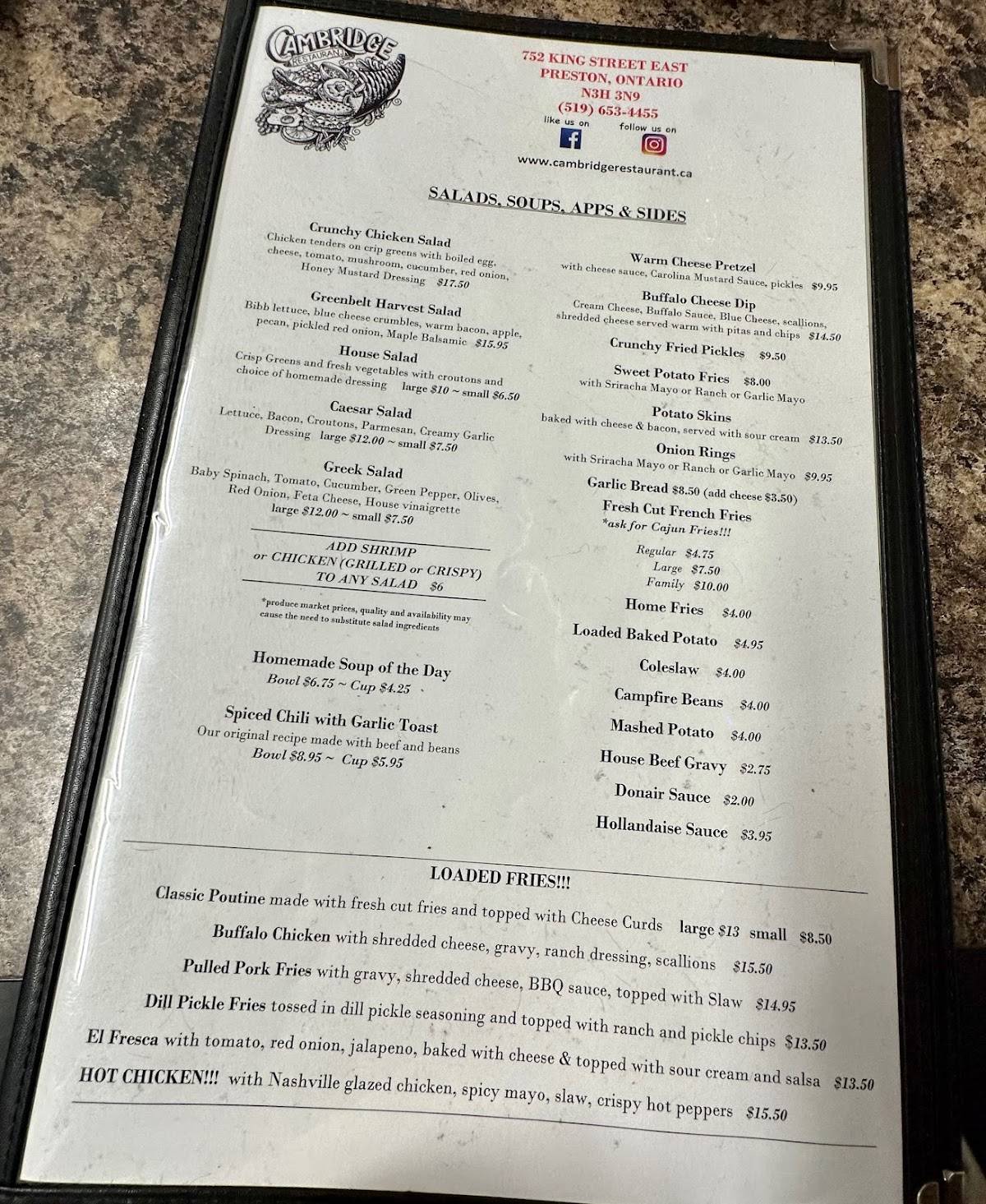 Menu at Cambridge Restaurant, Cambridge