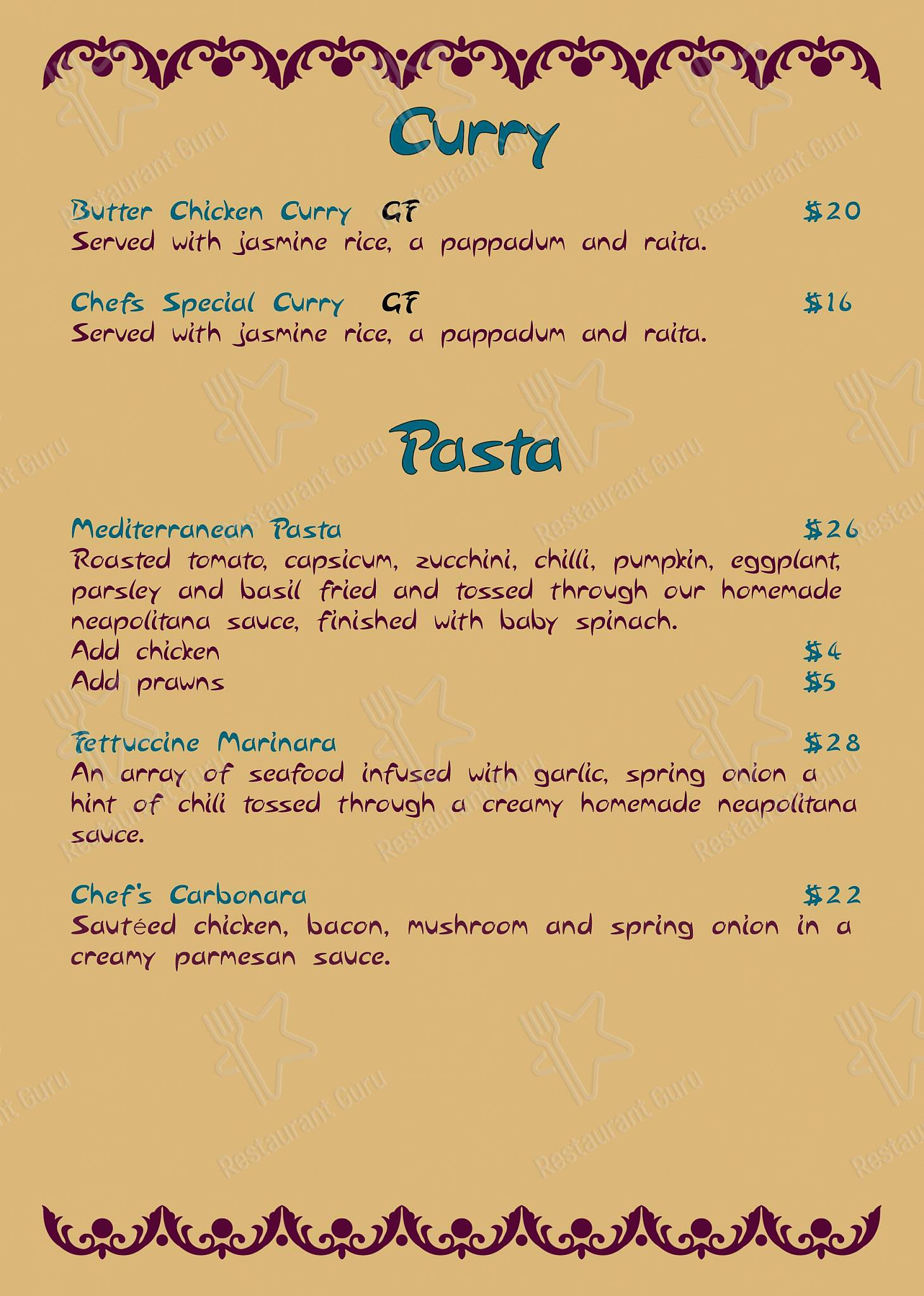 Menu at Camel Bar, Geraldton