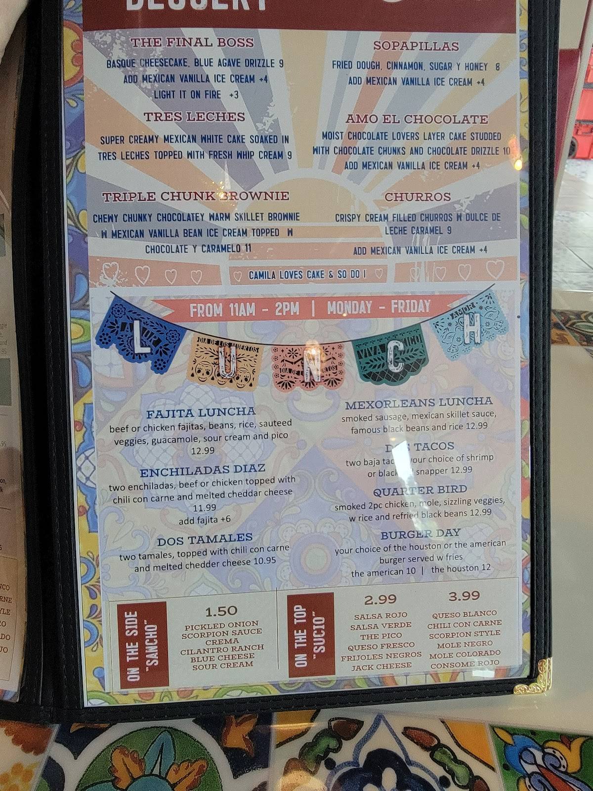 Menu at Camila's Tex-Mexi-Que restaurant, Conroe