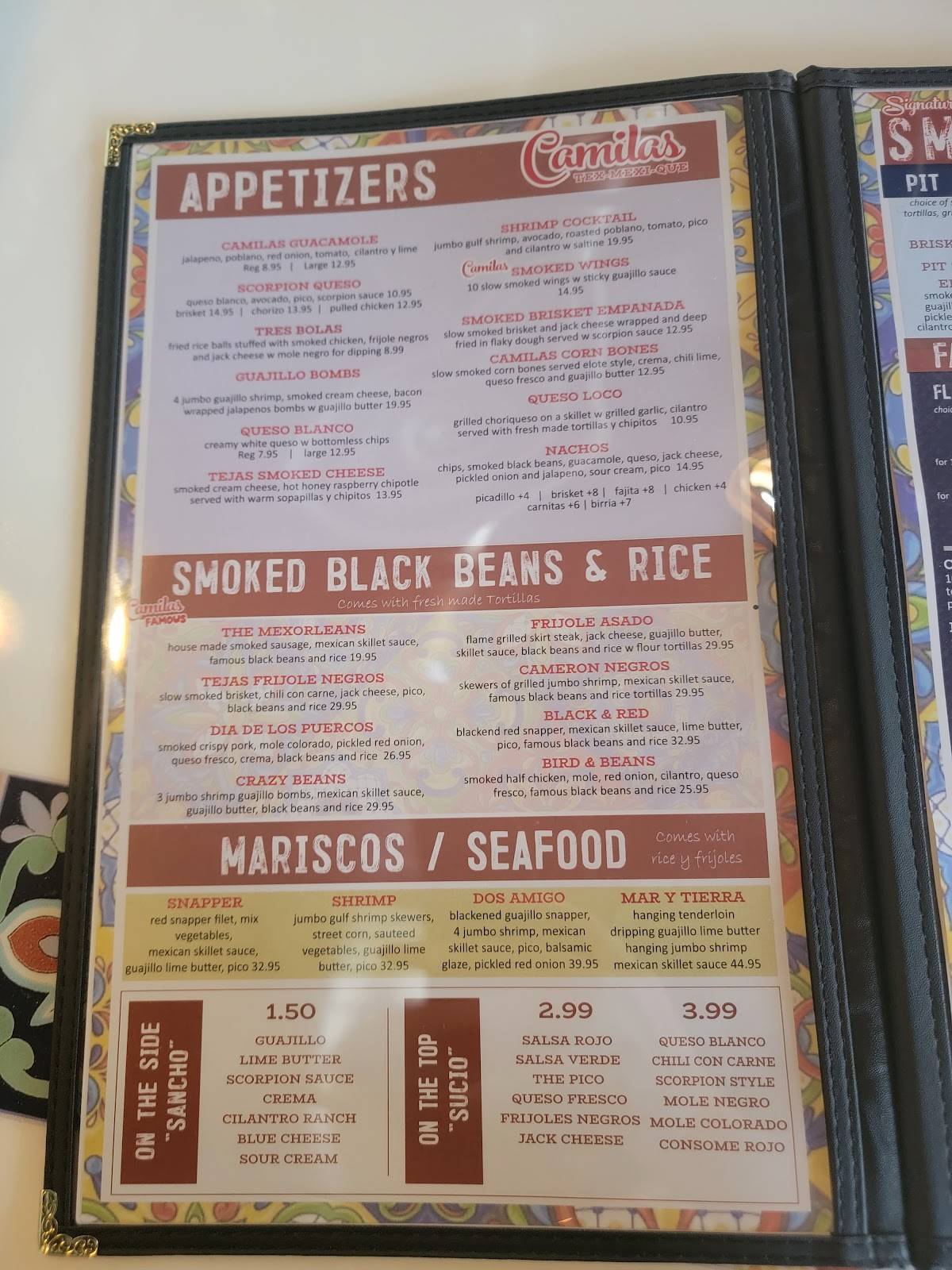 Menu at Camila's Tex-Mexi-Que restaurant, Conroe