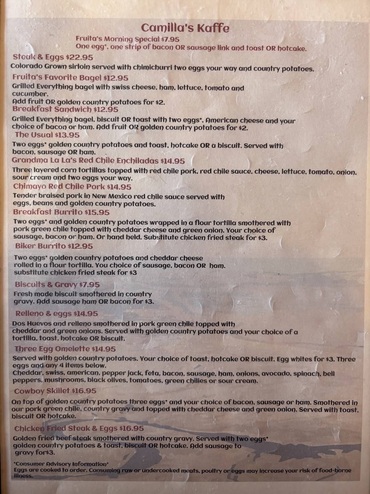 Menu at Camilla's Kaffe restaurant, Fruita