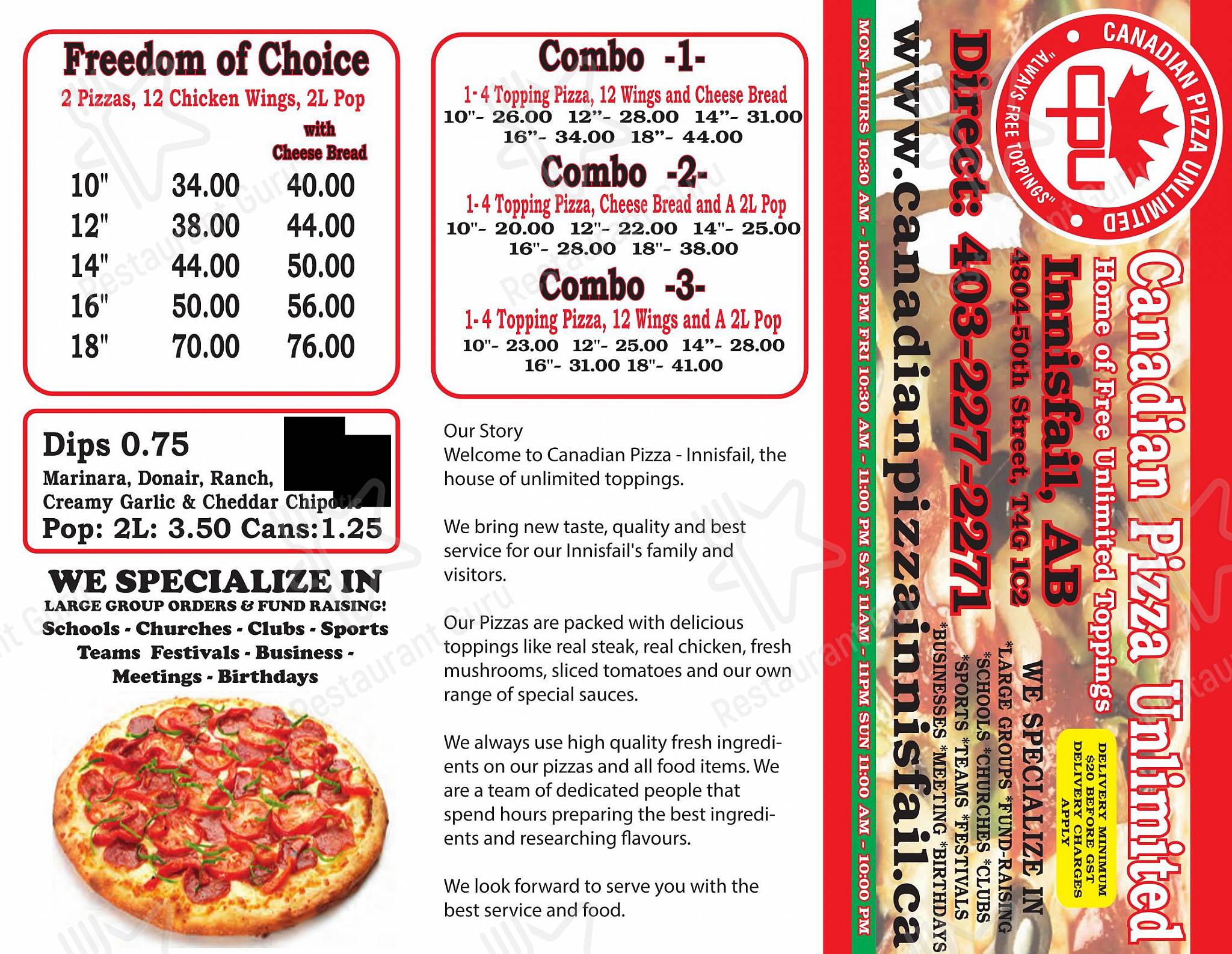 Menu at Canadian Pizza Unlimited innisfail pizzeria, Innisfail