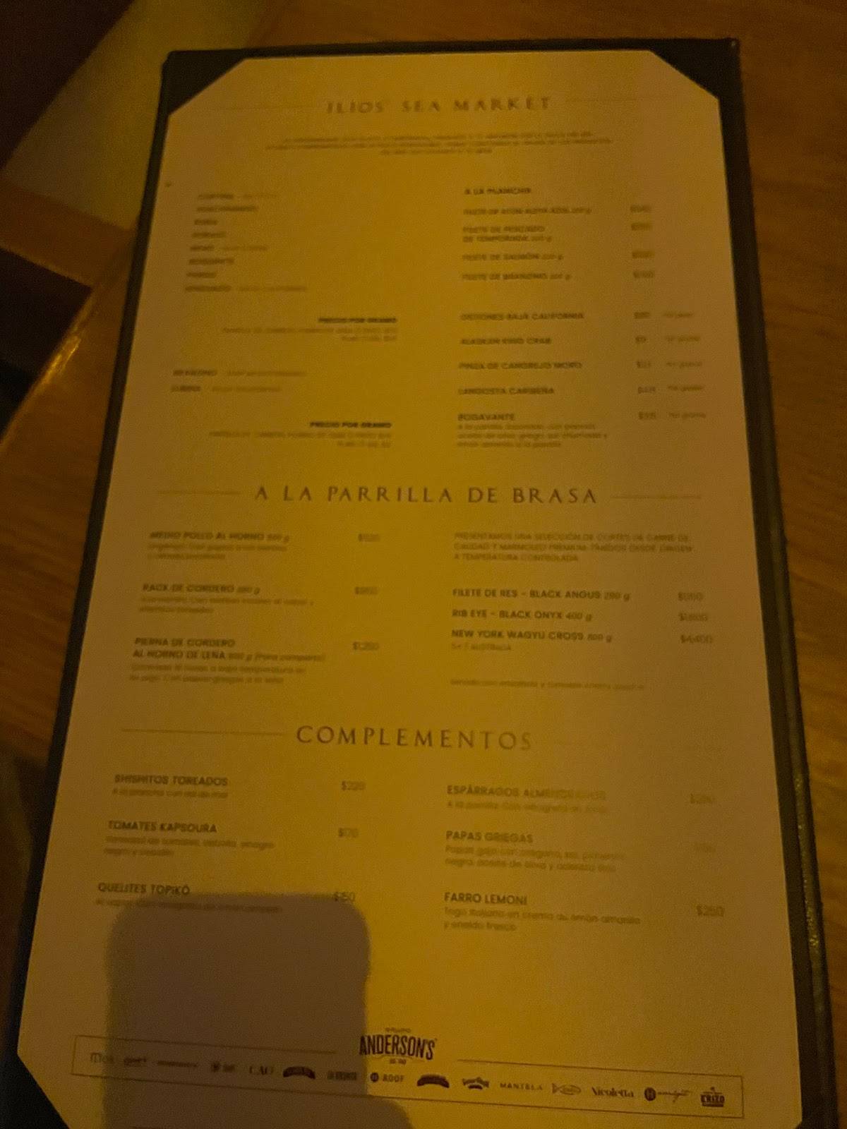 Carta de Ilios Greek restaurant in Cancun, Cancún
