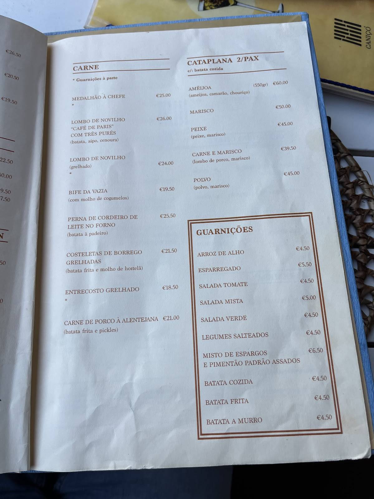 Menu at Caniço restaurant, Alvor, Aldeamento Prainha Club