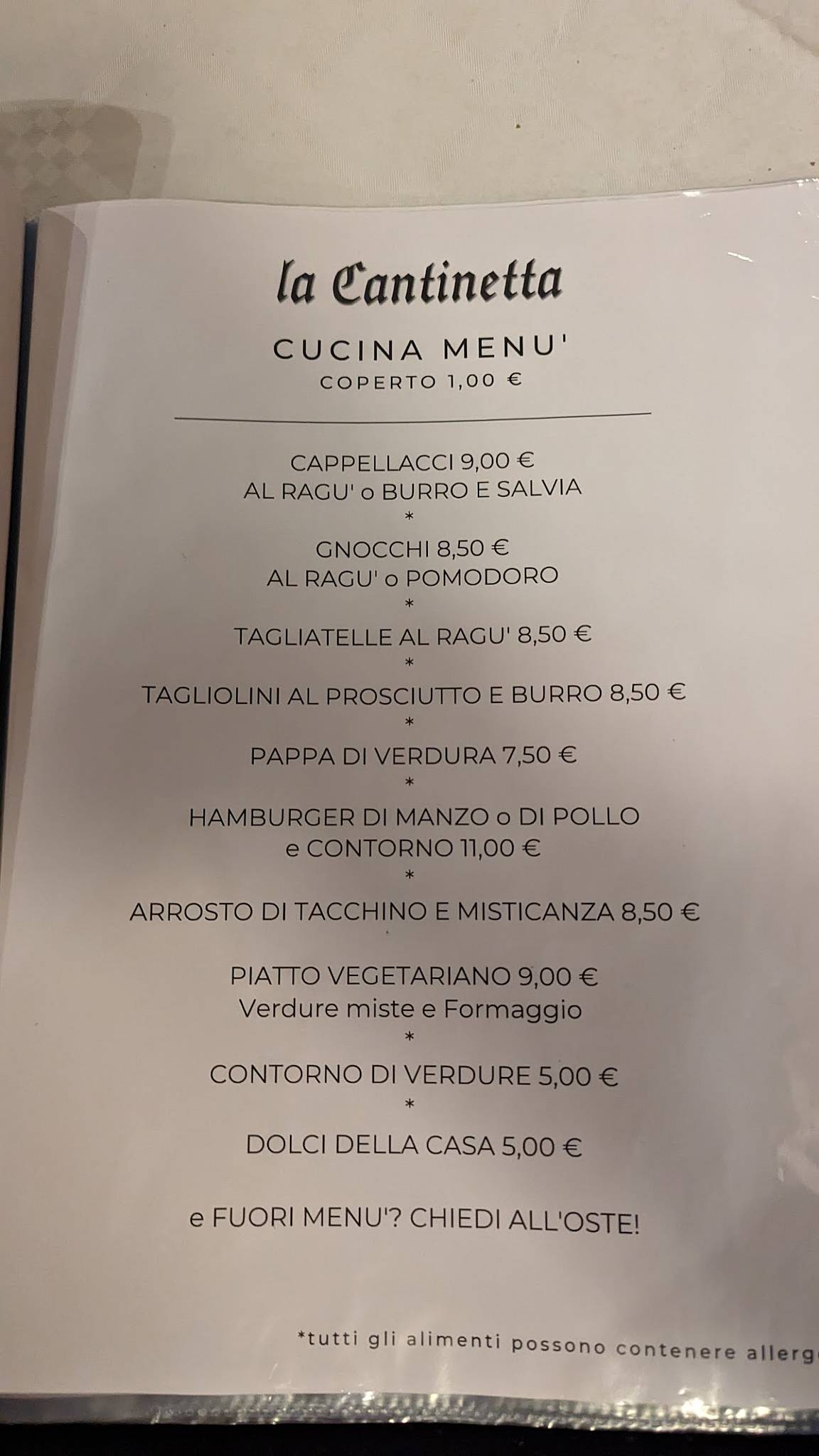 Menu da Cantinetta Bar Paninoteca, Ferrara