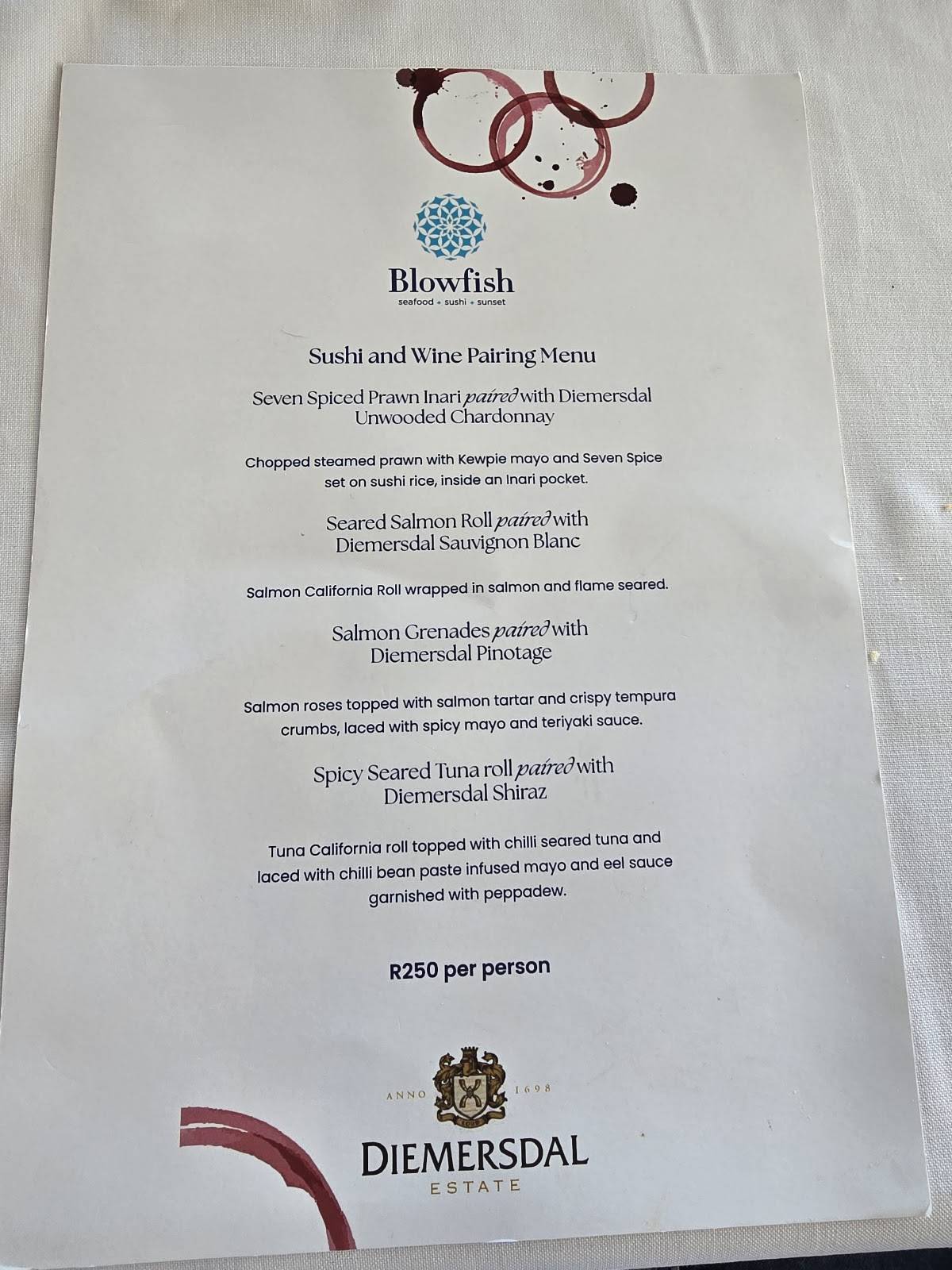 Menu at Blowfish Restaurant, Cape Town, 1 Marine Dr