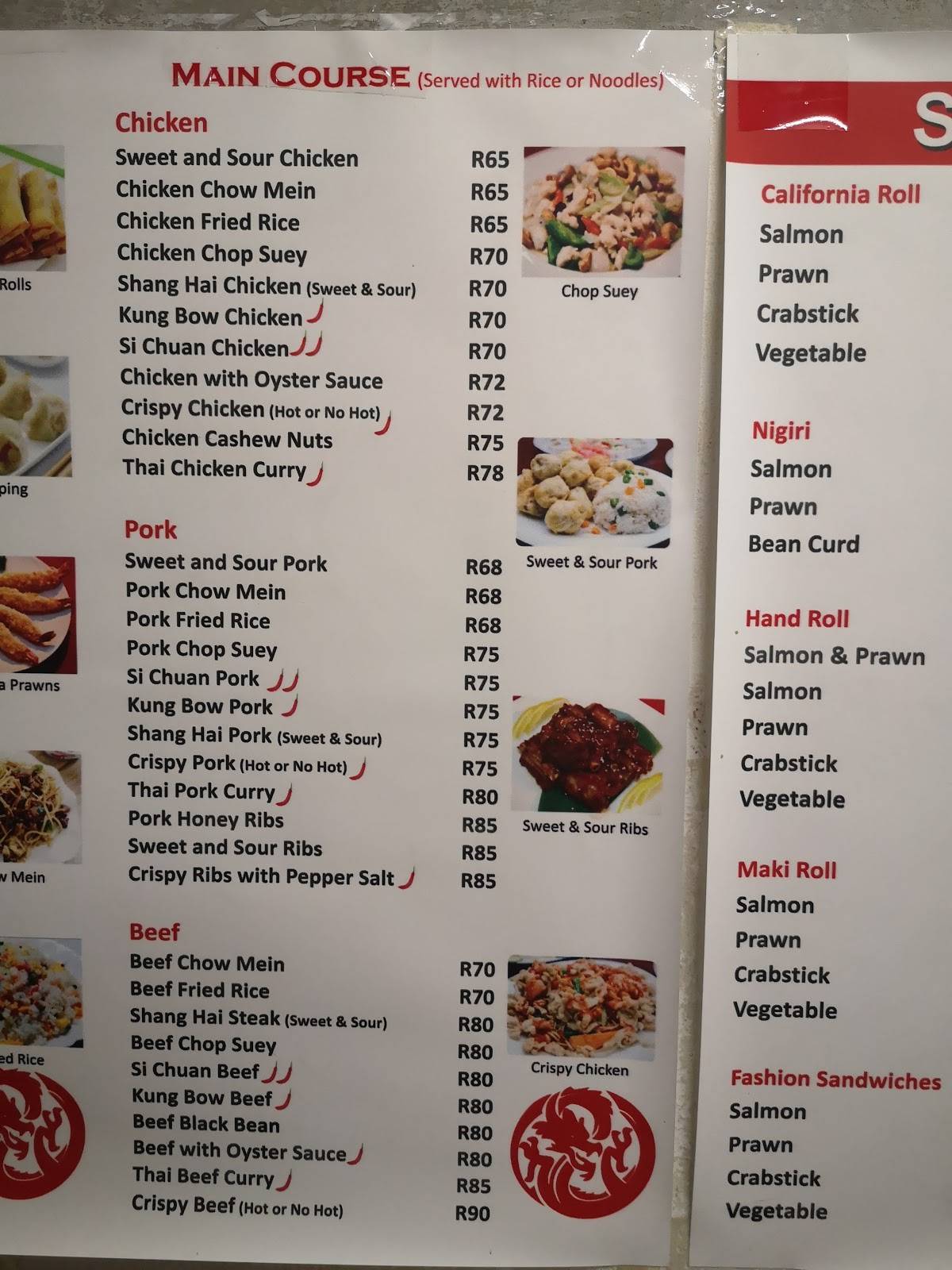 Menu at Chinese Fu Long restaurant, Stellenbosch, 28 Cluver Rd