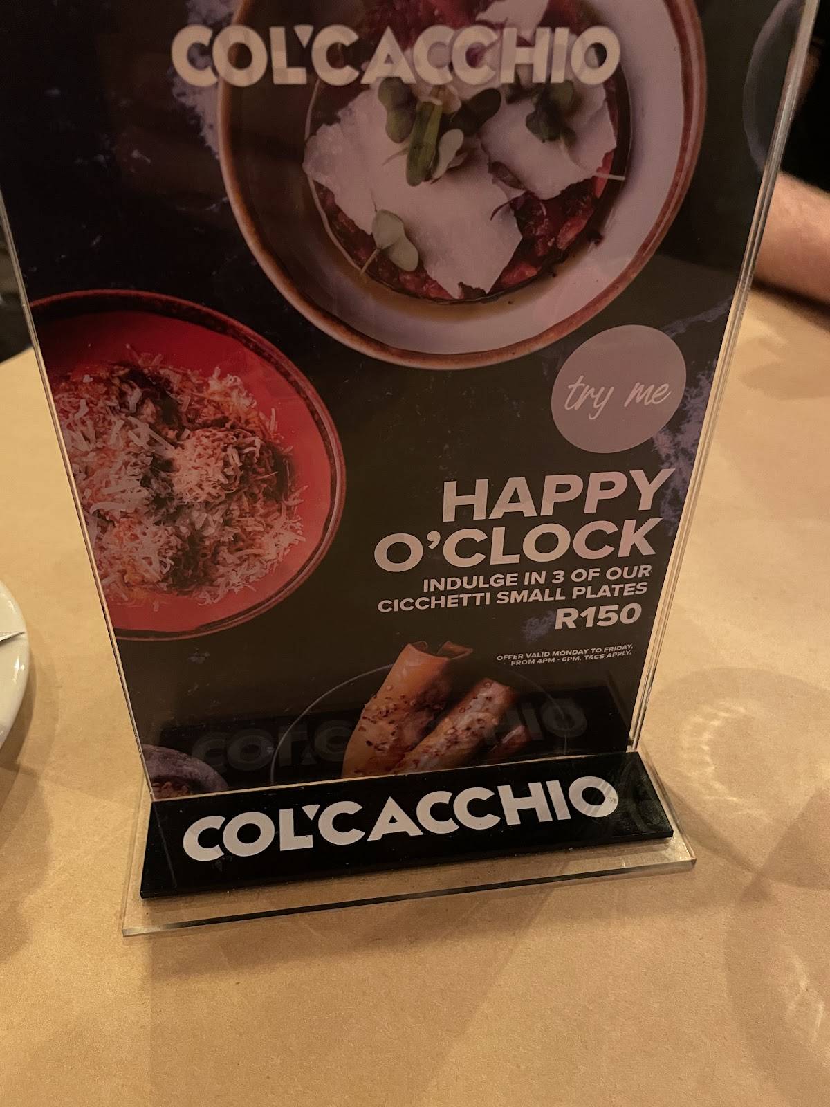 Menu at Col'Cacchio Foreshore restaurant, Cape Town, Shop 2