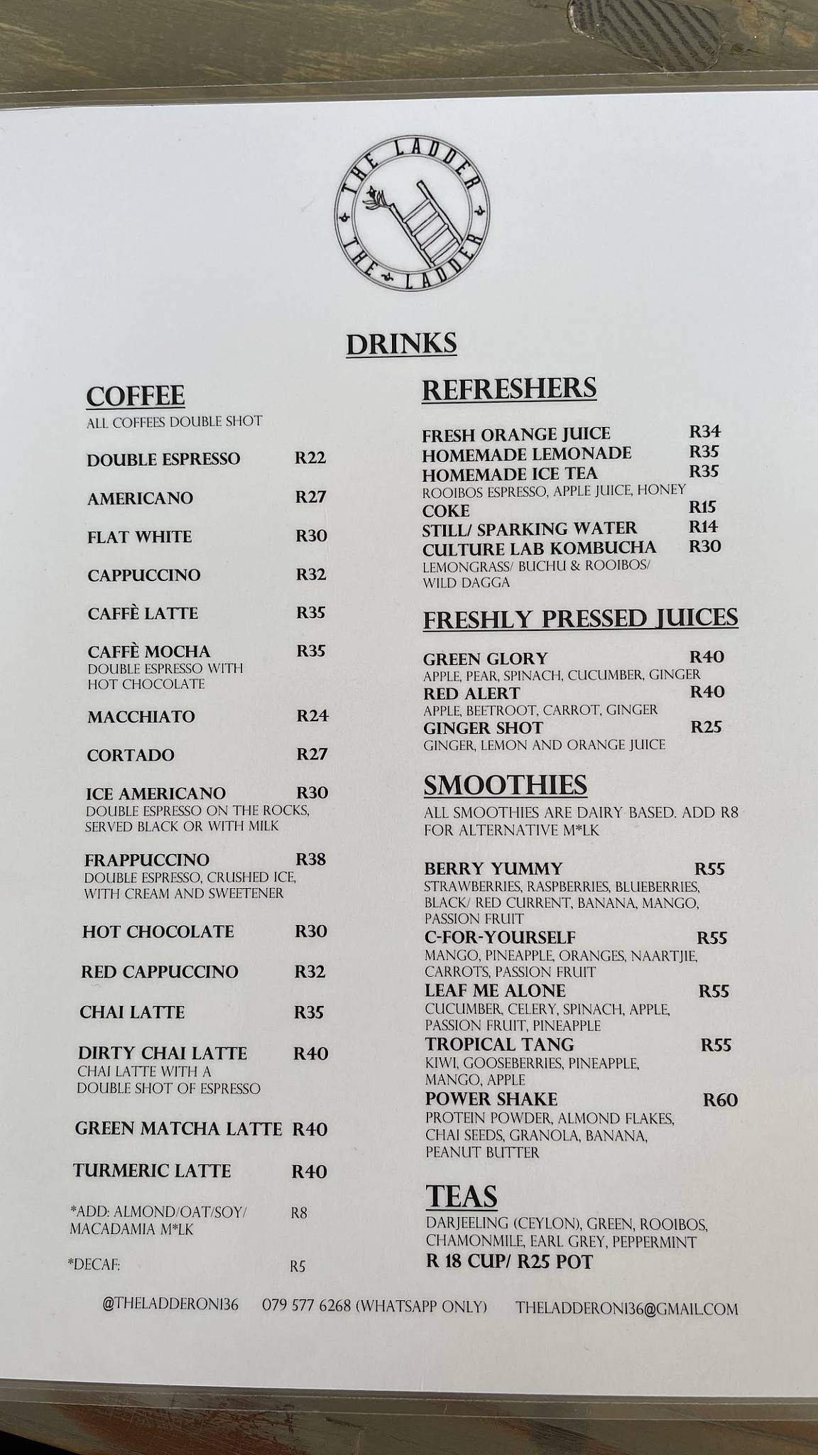 Menu at The Ladder cafe, Cape Town