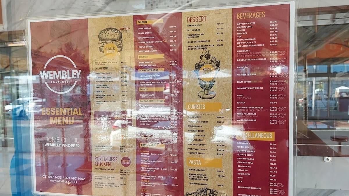 Menu at Wembley Roadhouse restaurant, Cape Town, Belgravia Road