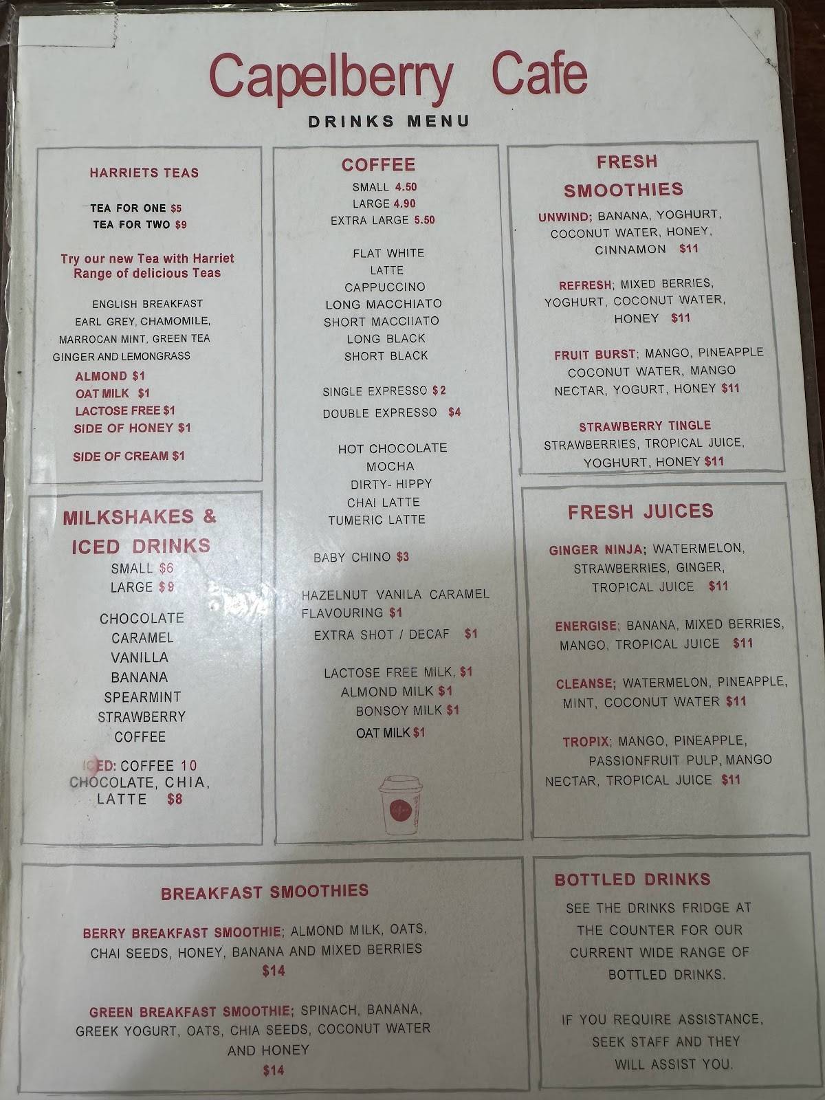 Menu at Capelberry Cafe, Capel