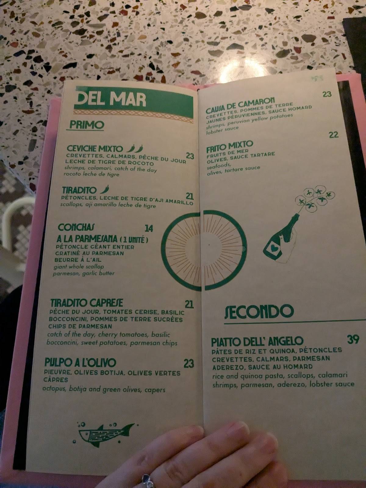 Menu at Capisco restaurant, Montréal