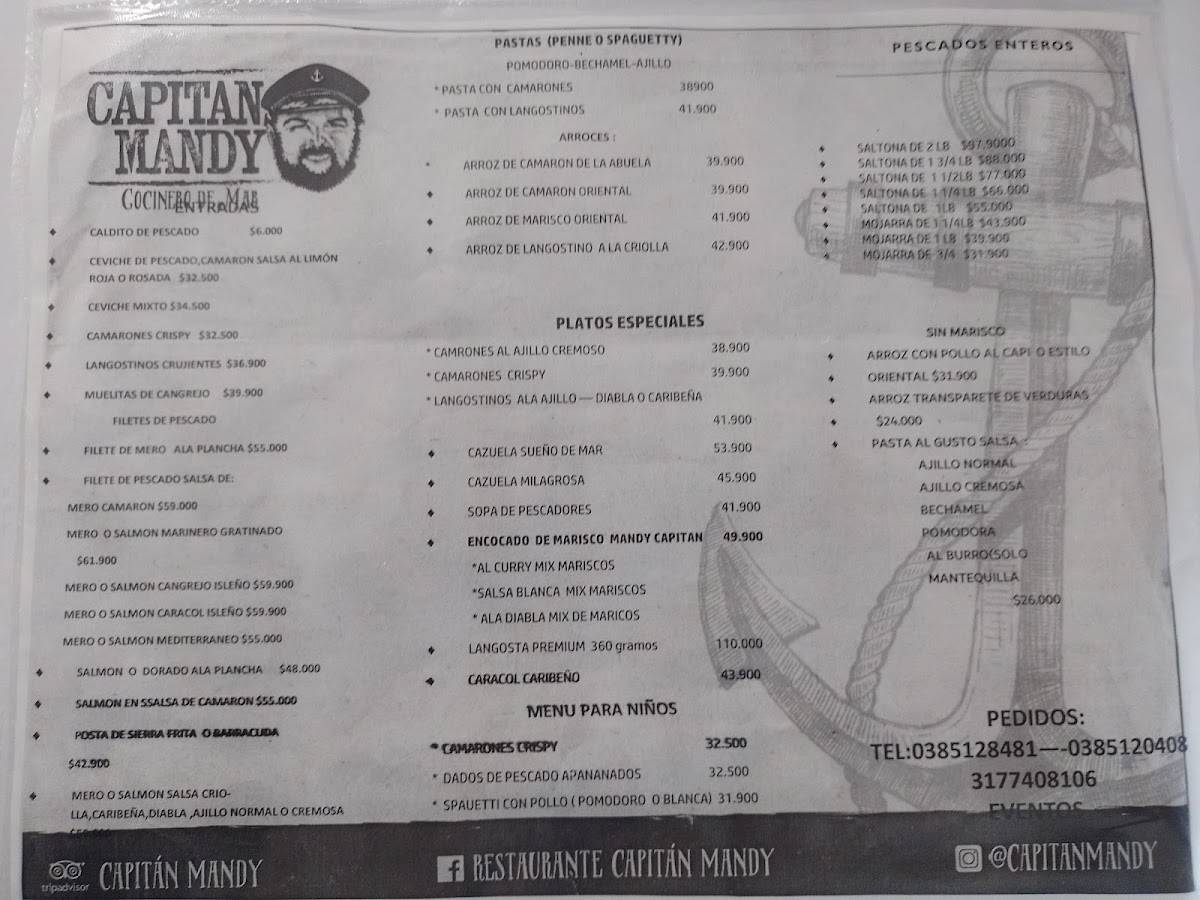 Carta del restaurante Capitan Mandy, San Andrés