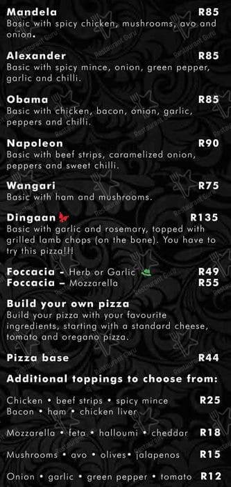 Menu at CAPPELLO. pub & bar, Bloemfontein
