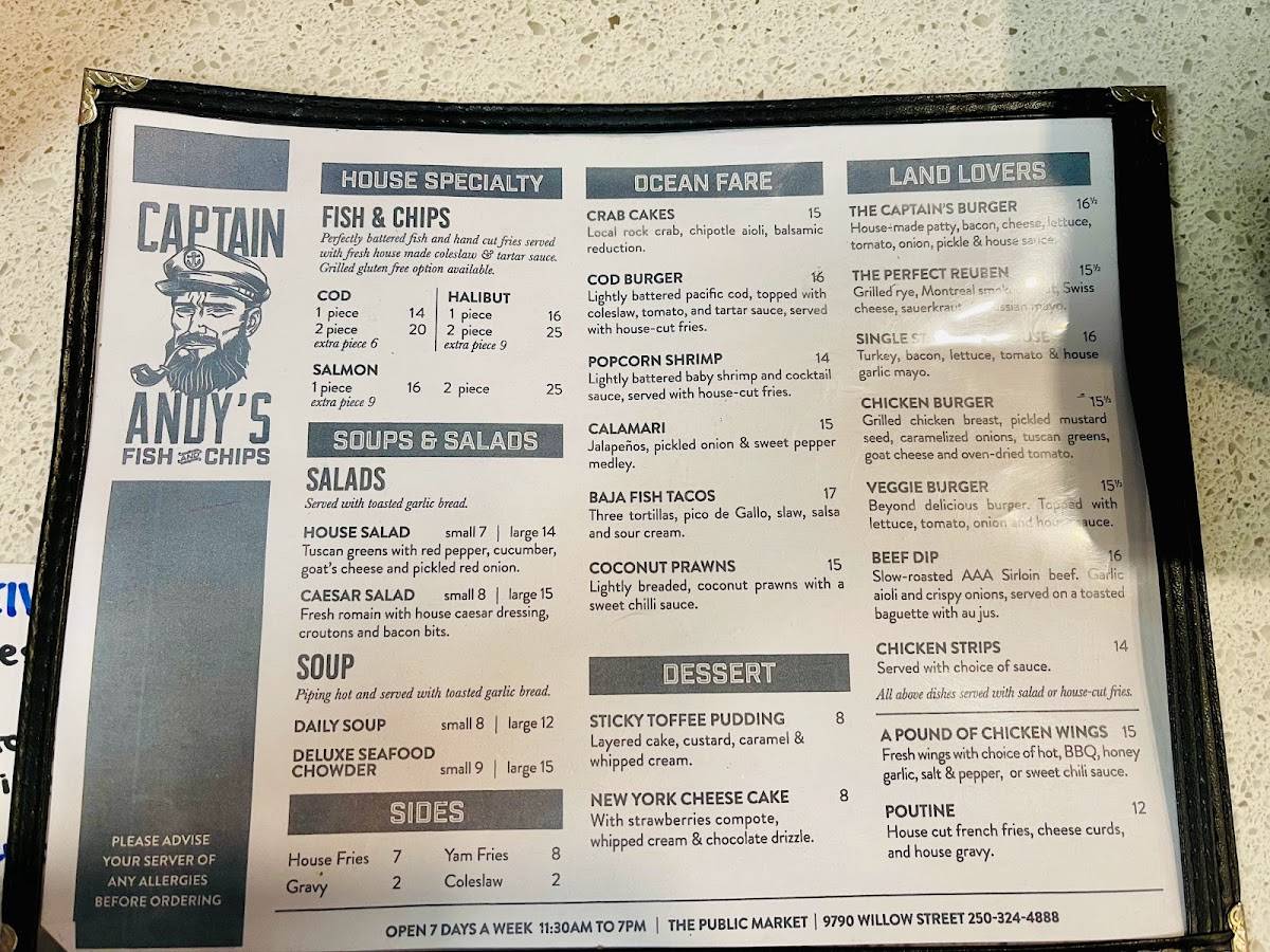 Menu at Captain Andy’s Fish & Chips restaurant, Chemainus
