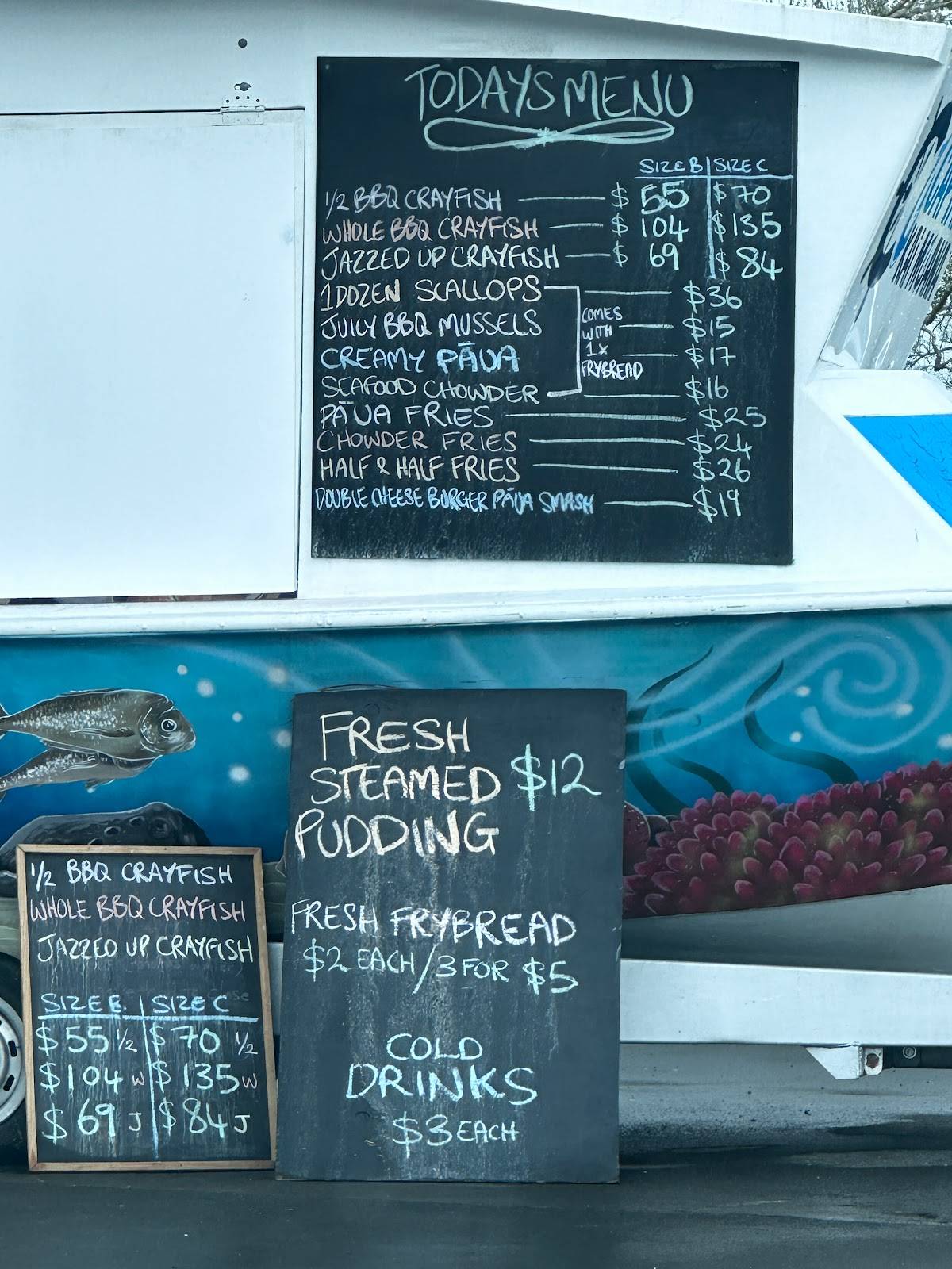 Menu at Captain Kai Moana restaurant, Auckland