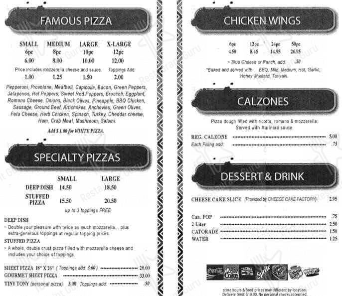Menu at Captain Tony's Pizza pizzeria, Cleveland, Shaker Square