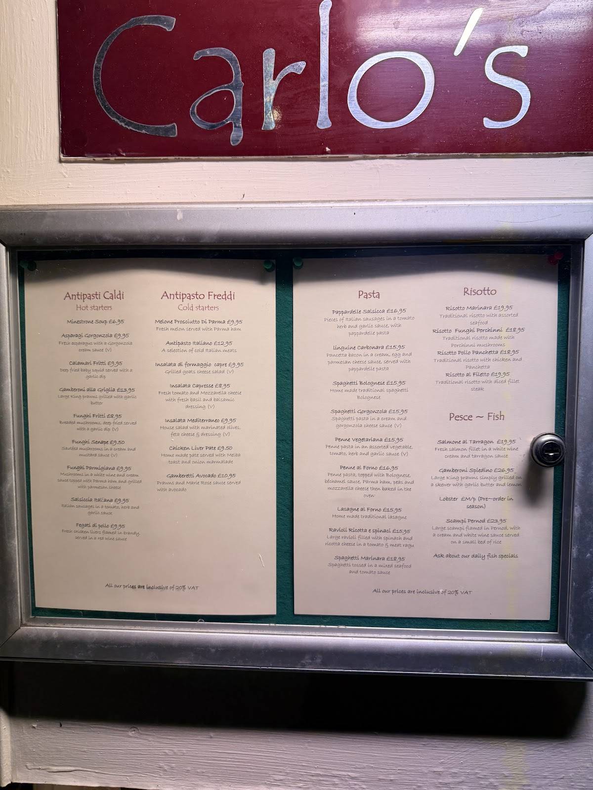 Menu at Carlo's Restaurant, Llandudno