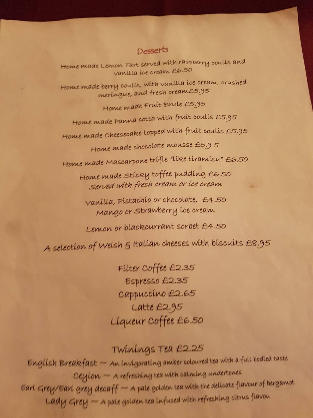 Menu at Carlo's Restaurant, Llandudno