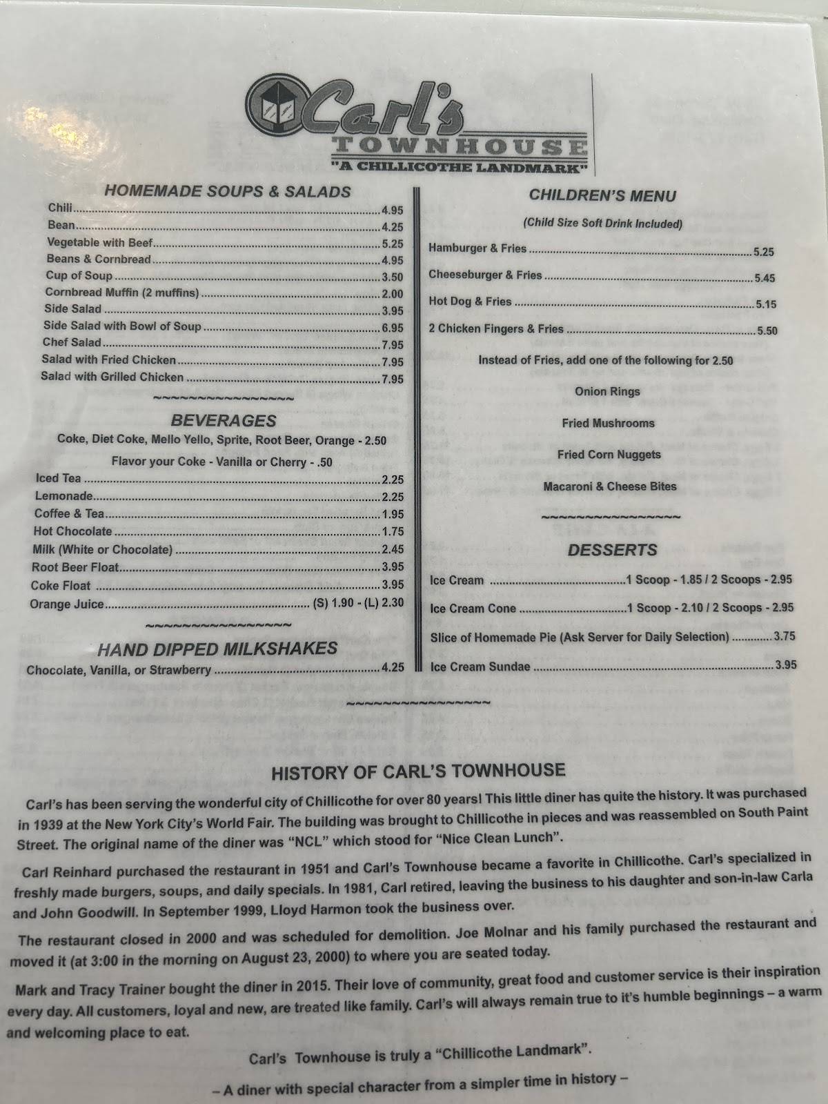 Menu at Carl's Townhouse restaurant, Chillicothe