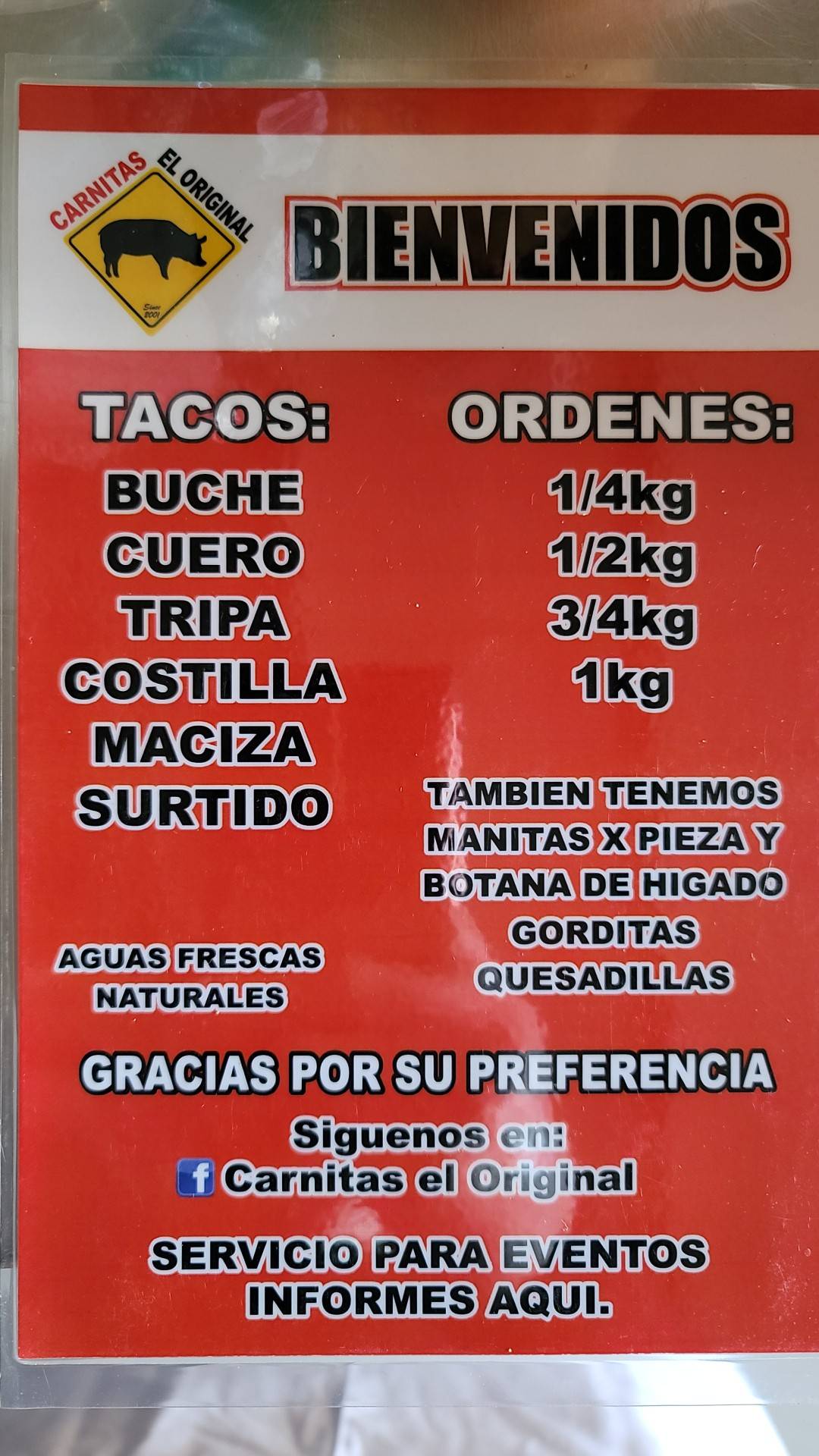 Carta del restaurante Carnitas El Original, Tijuana