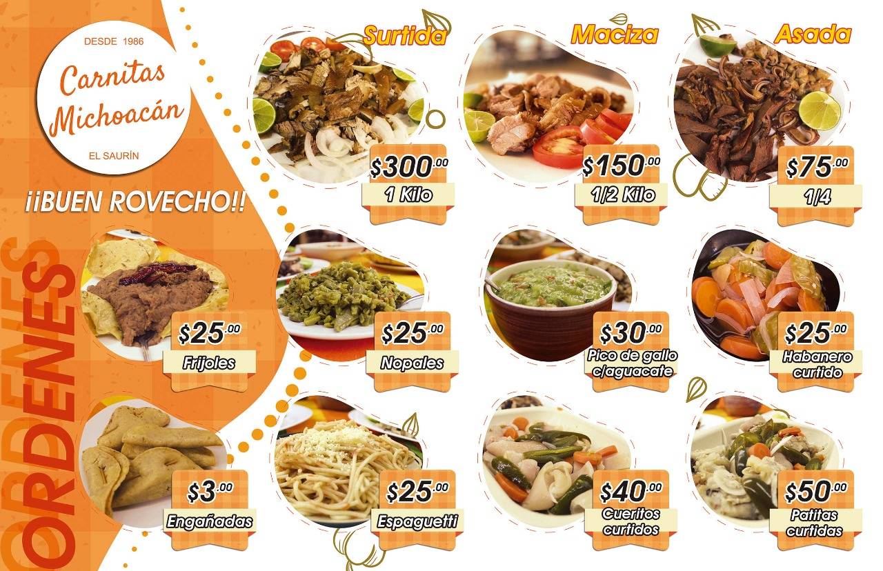 Menu at Carnitas Michoacan, el Saurín restaurant, San Juan Bautista ...