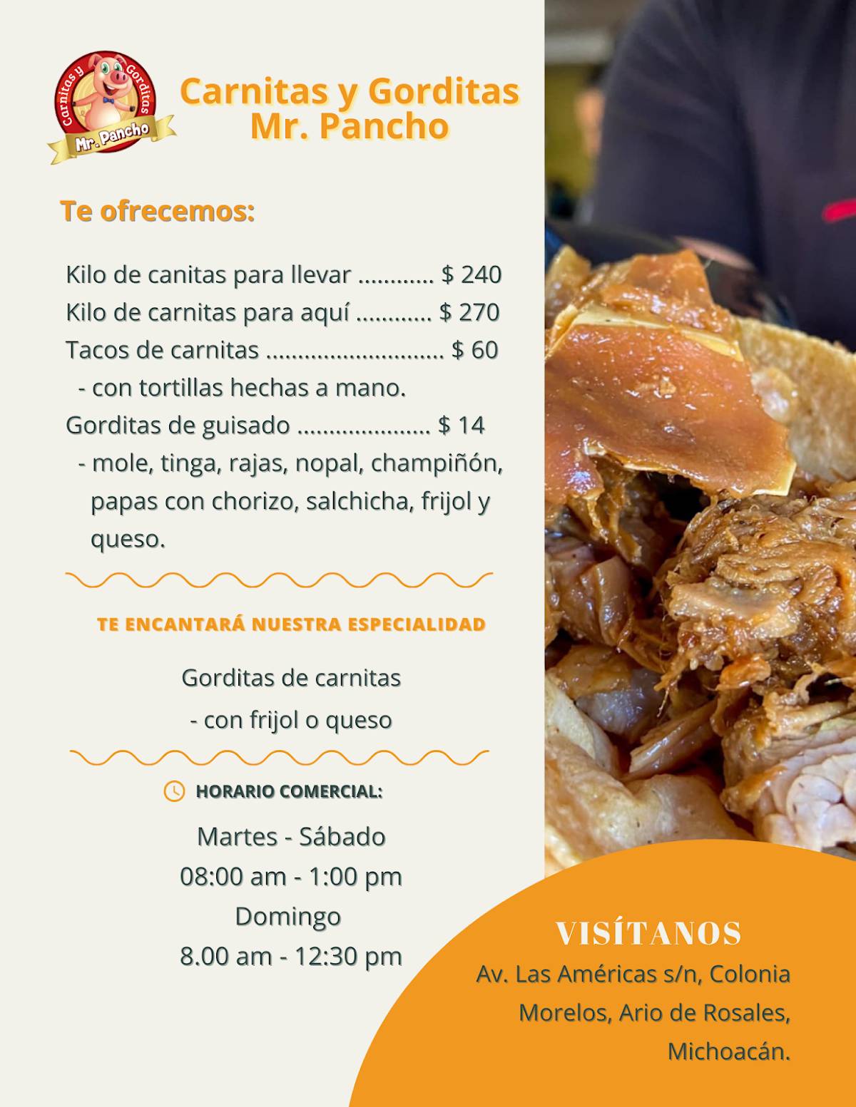 Carta del restaurante Carnitas y Gorditas Mr. Pancho, Ario del Rosales