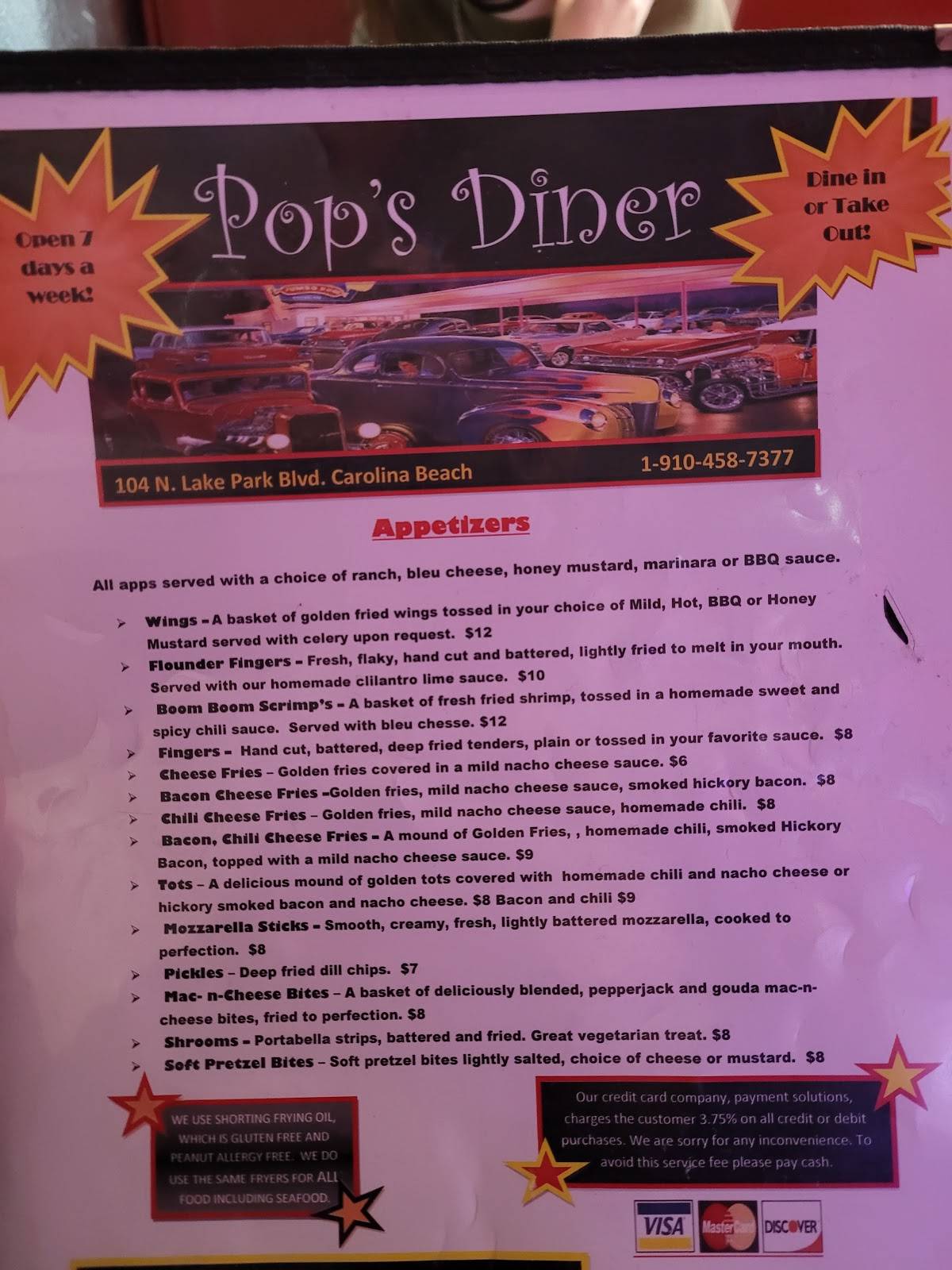 Menu at Pop's Diner restaurant, Carolina Beach